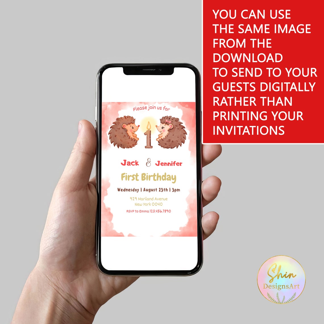 Hedgehog Twins First Birthday Invitation: Editable Canva Template (PDF ...