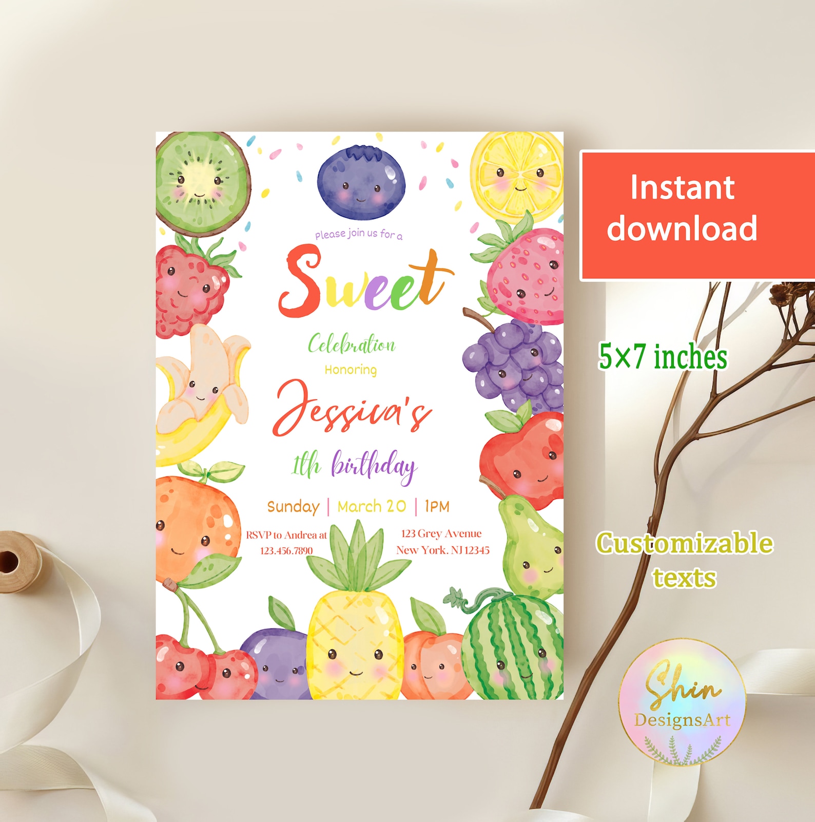 Personalized Kawaii Fruit Birthday Invitation: Tropical Summer Party ...