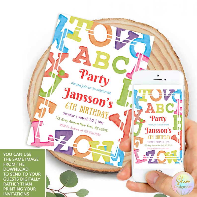 Editable Alphabet Birthday Invite, Digital Invitation Template, ABC ...