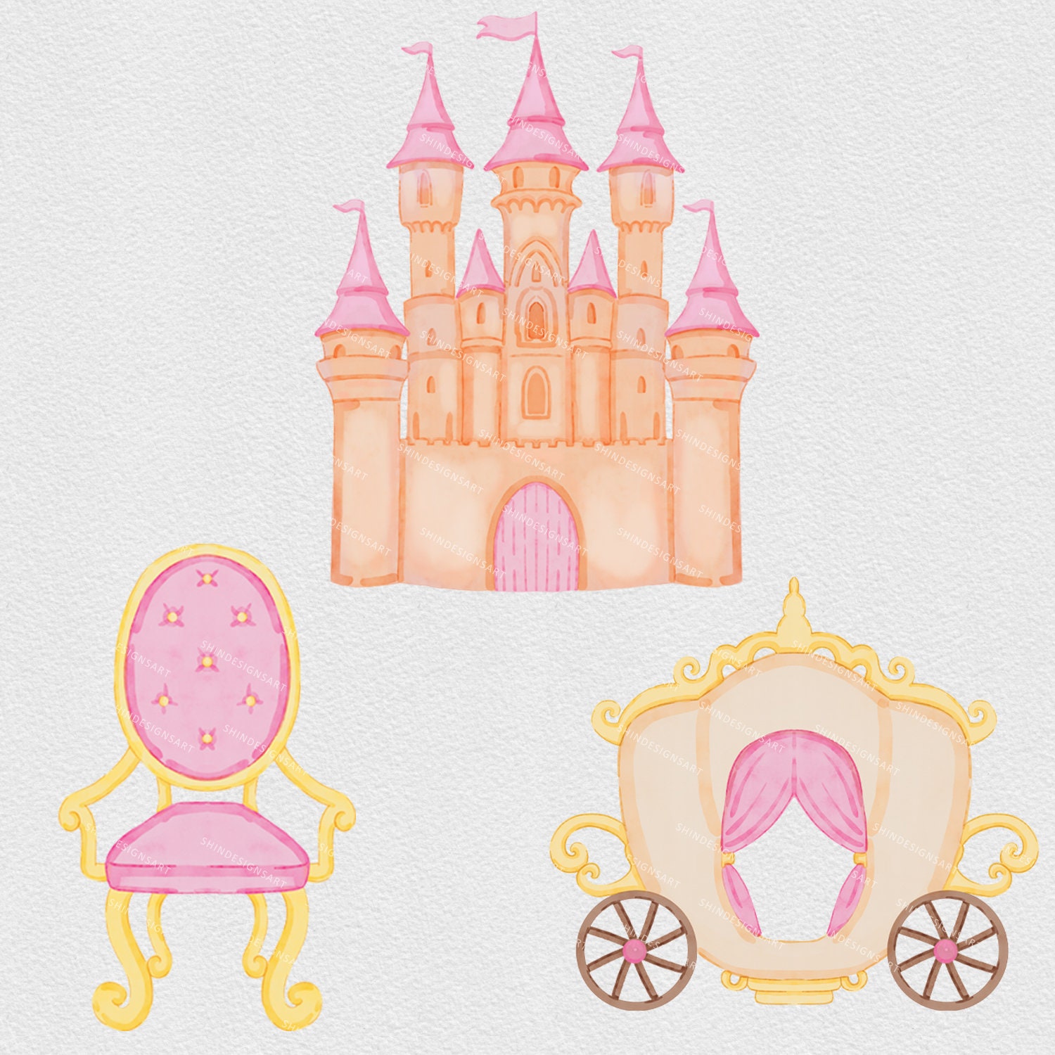 Watercolor Princess Clipart Bundle: Pink Castle Graphics (PNG, Digital ...