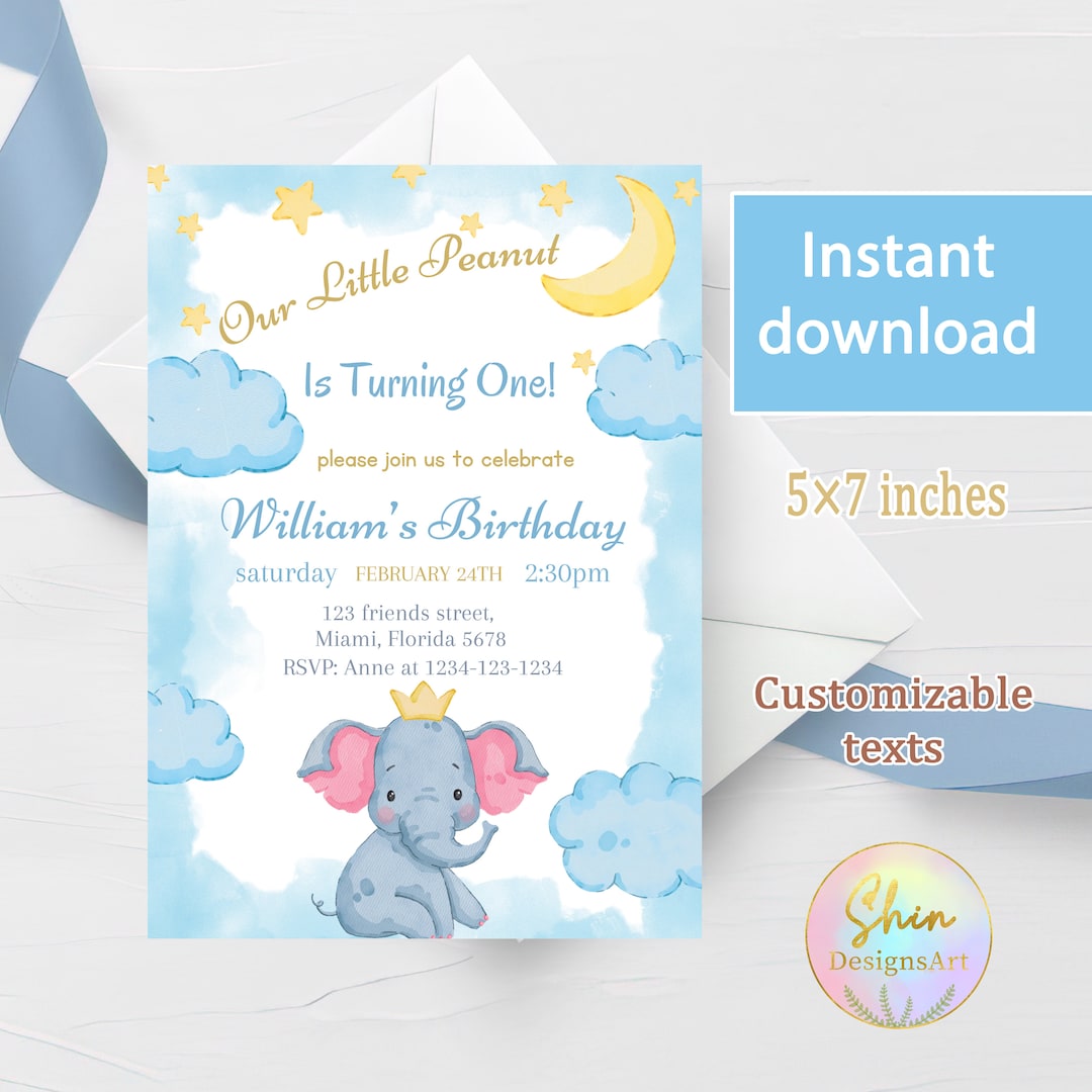 Cute Elephant Boy's Birthday Invitation, Blue Theme Party, Digital ...