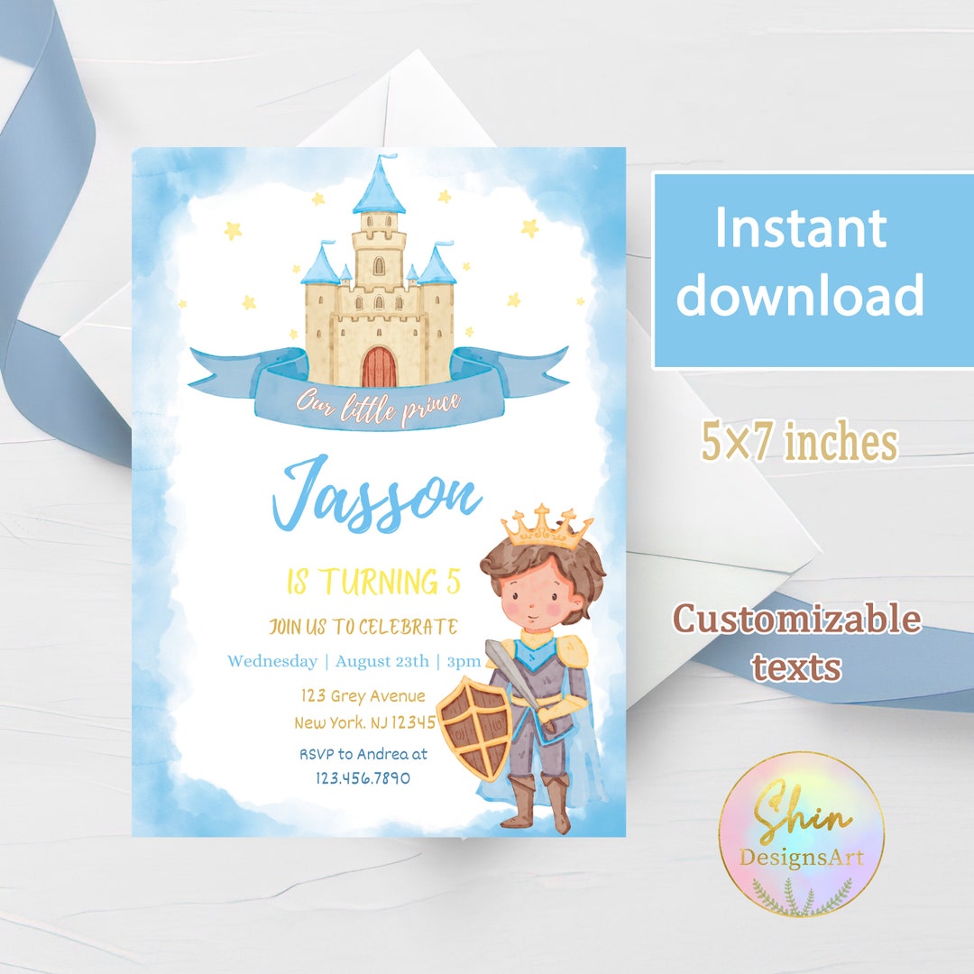 Editable Blue Knight Birthday Invite, Boy Royal Invitation, Once Upon a ...