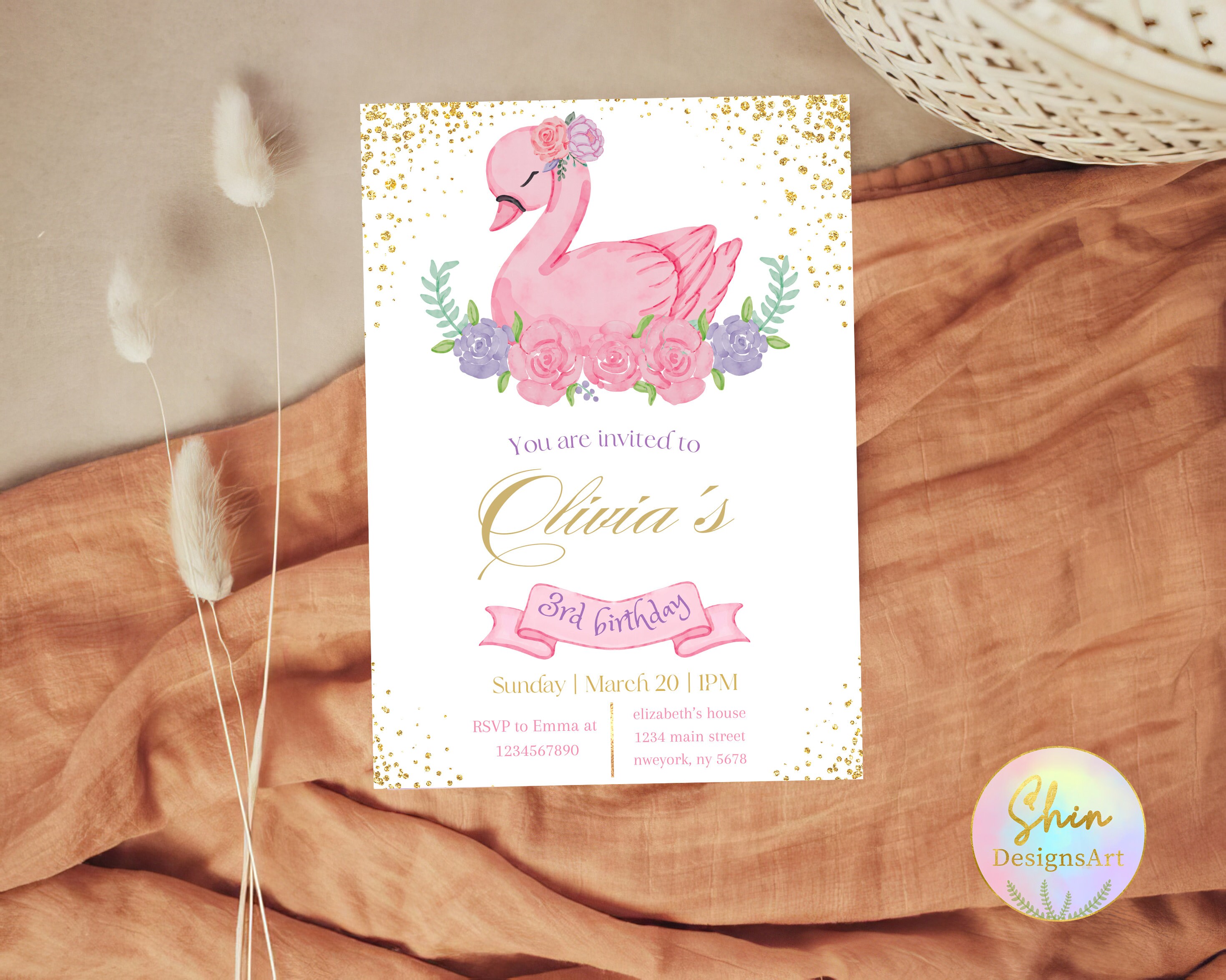 Editable Swan Invitation Card, Girl's Birthday Party Invite, Easy ...