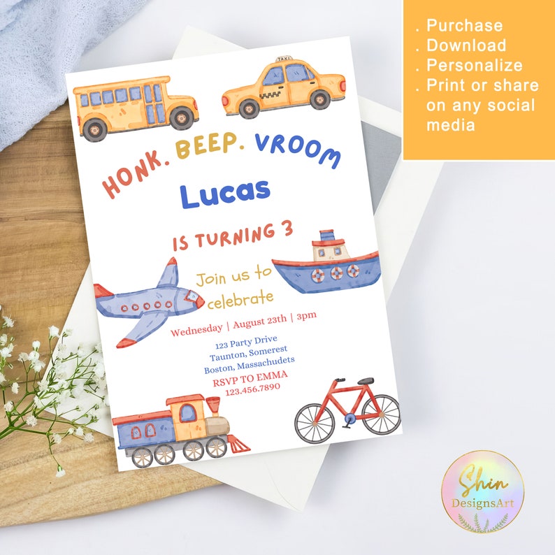 Editable Transportation Birthday Invitation, Kids Vehicle Party Invite ...