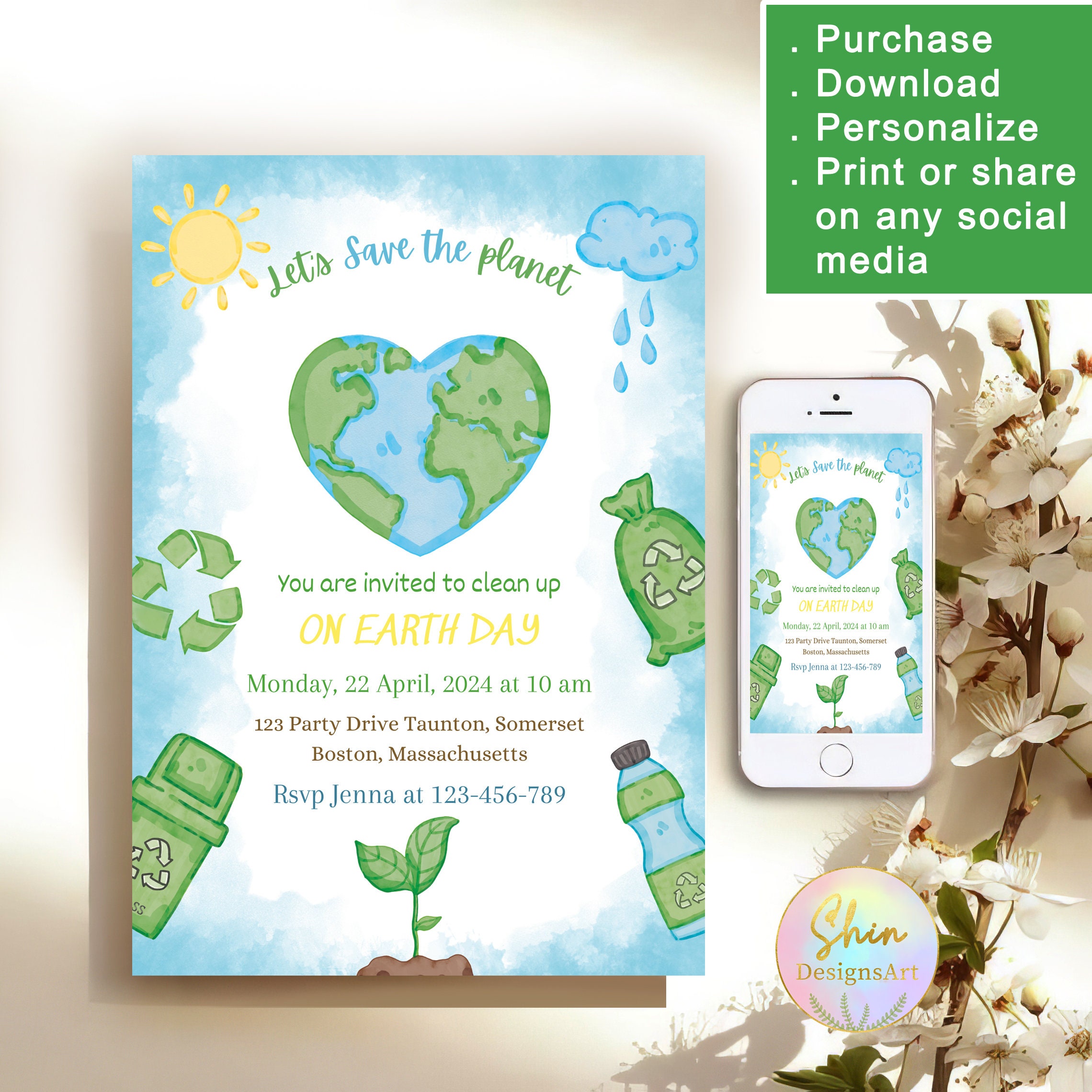 Watercolor Earth Day Invitation: Customizable Template (5x7 Inches ...