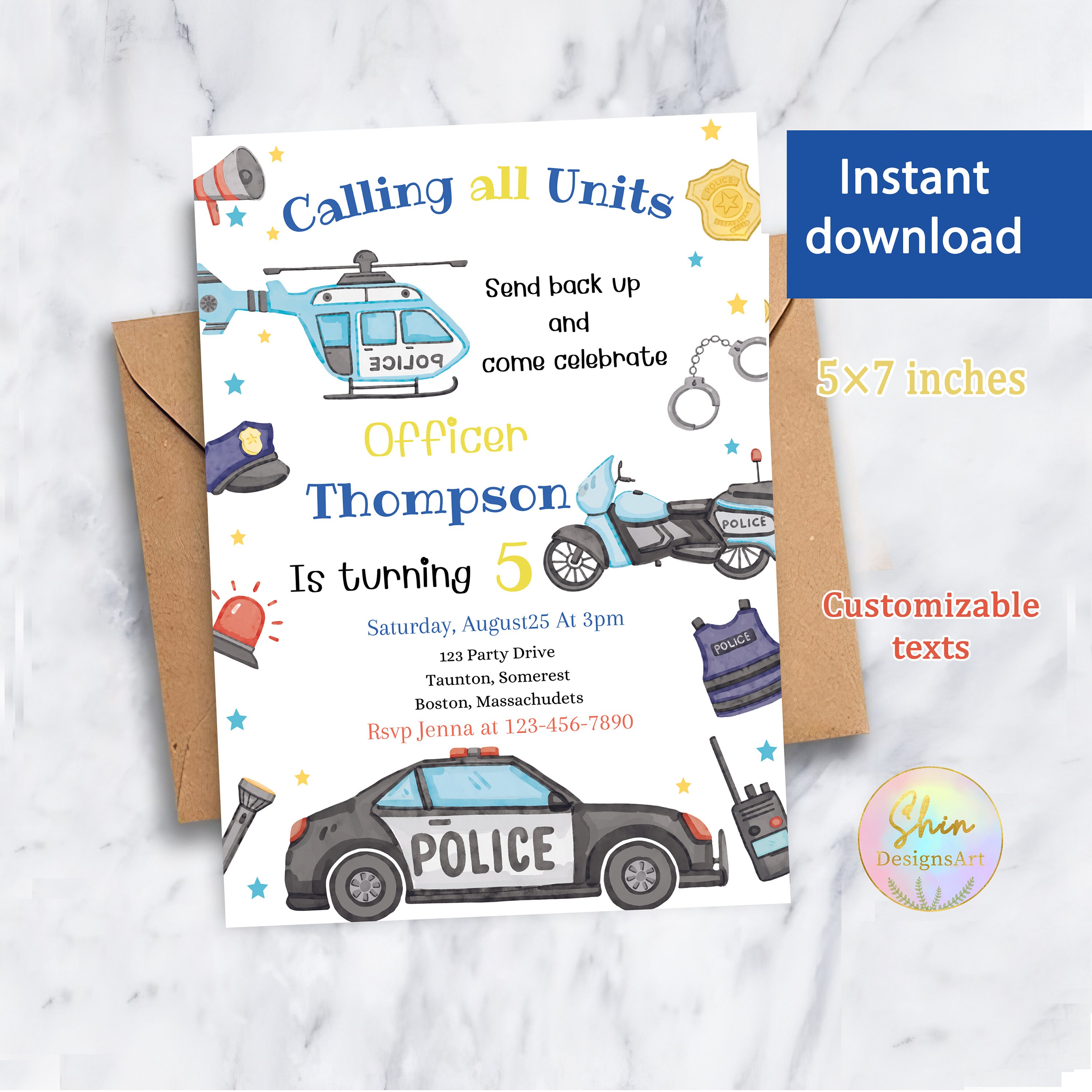 Editable Police Birthday Invitation Card, Canva Police Officer Template ...