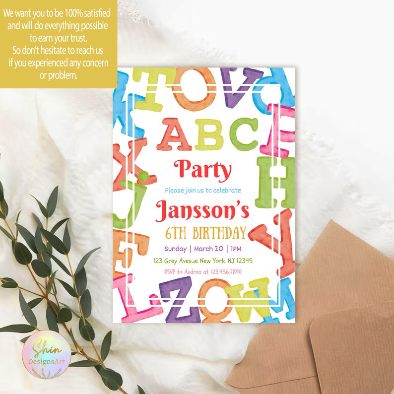 Editable Alphabet Birthday Invite, Digital Invitation Template, ABC ...