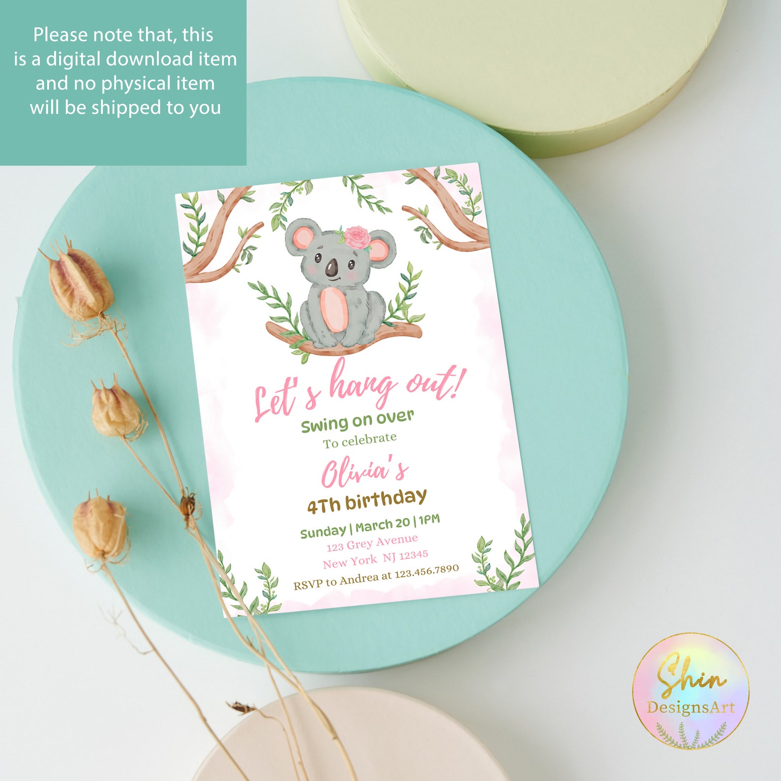 Customizable Koala Birthday Invitation, Girl/daughter Koalas Party ...