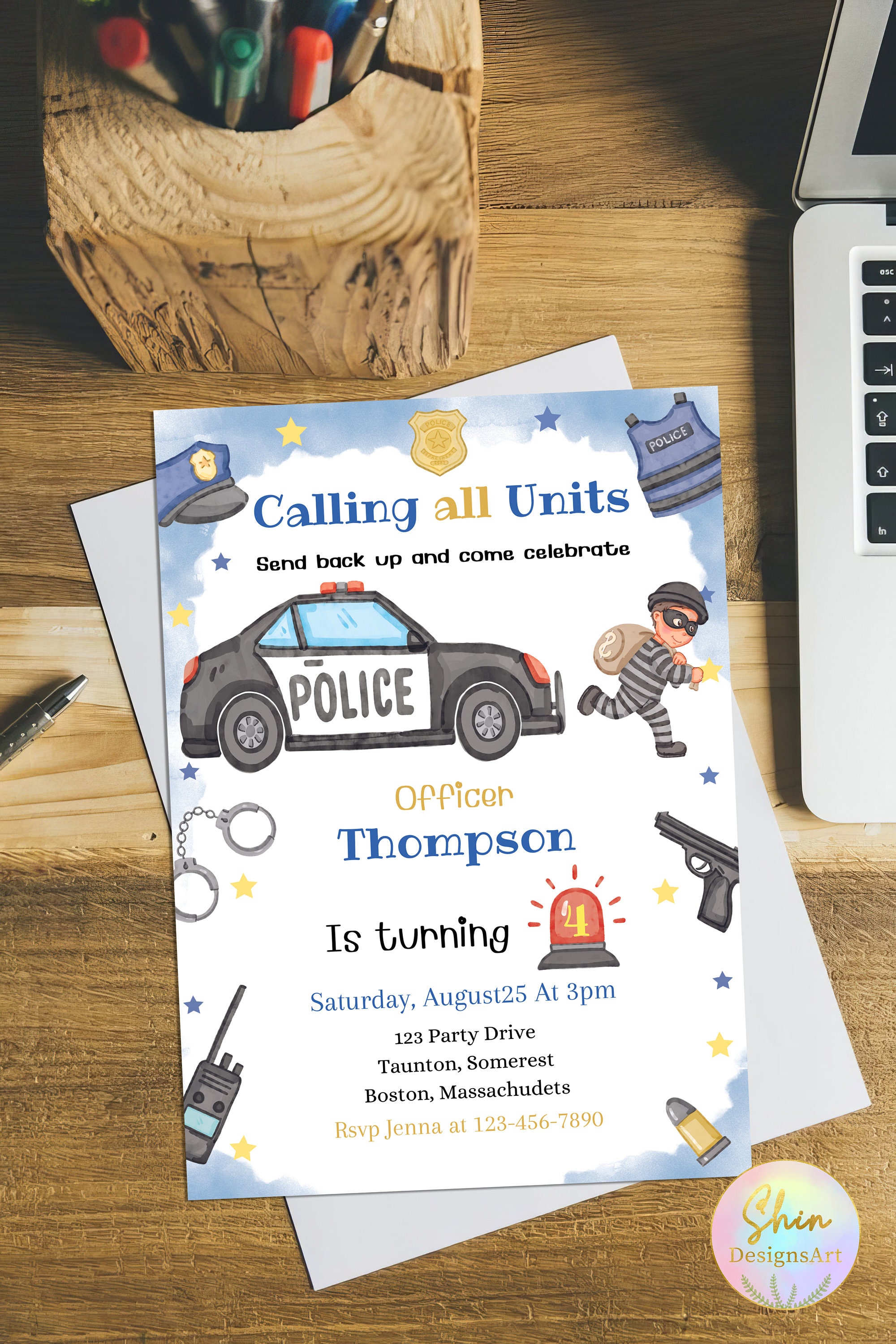 Watercolor Police Invitation Card, Police Officer Party Invite ...