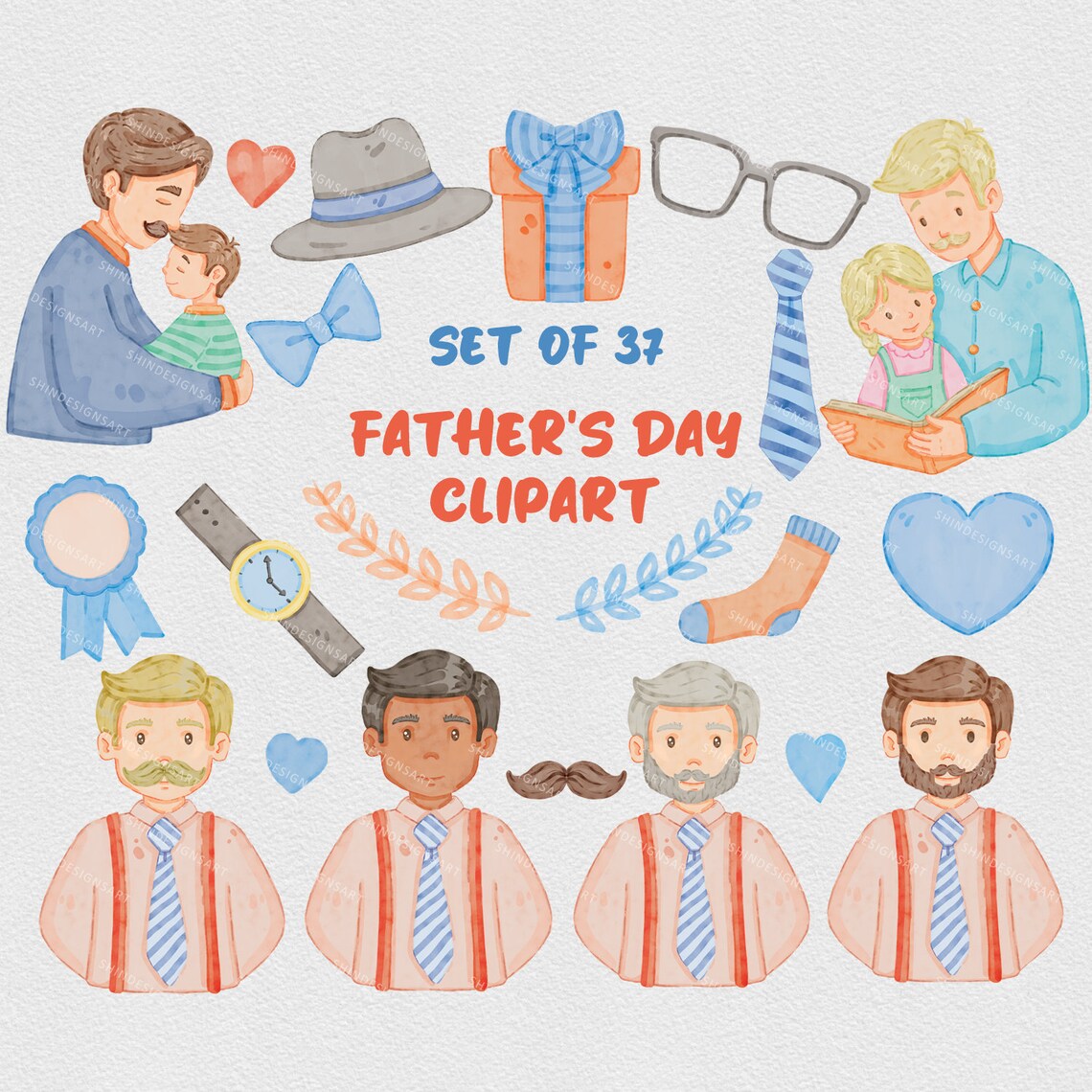 Watercolor Father's Day Clipart Bundle: Hand-drawn Dad Illustrations ...