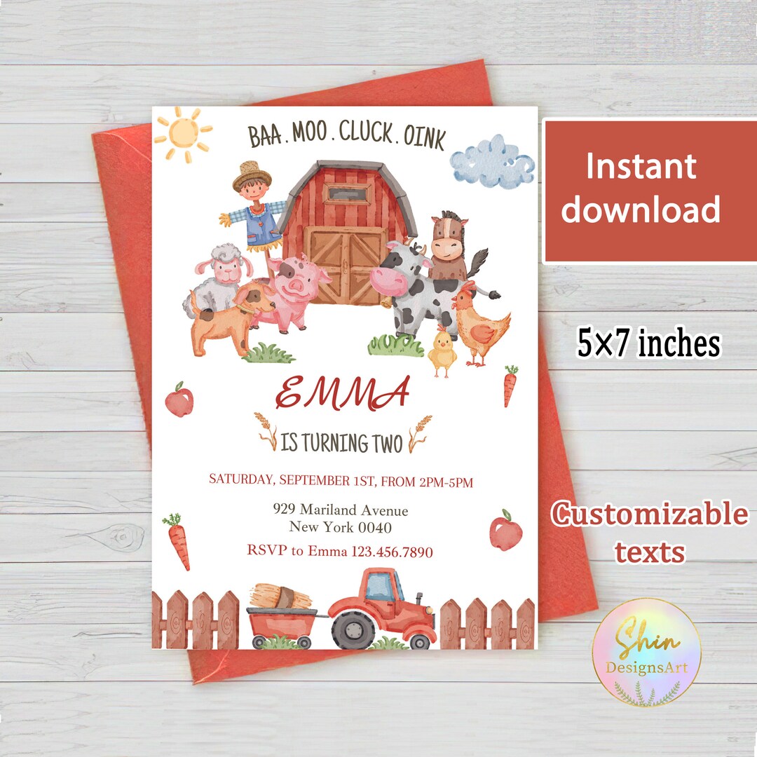 Farm Animals Invitation Card, Barn Animal Party Invite Template, Ranch ...