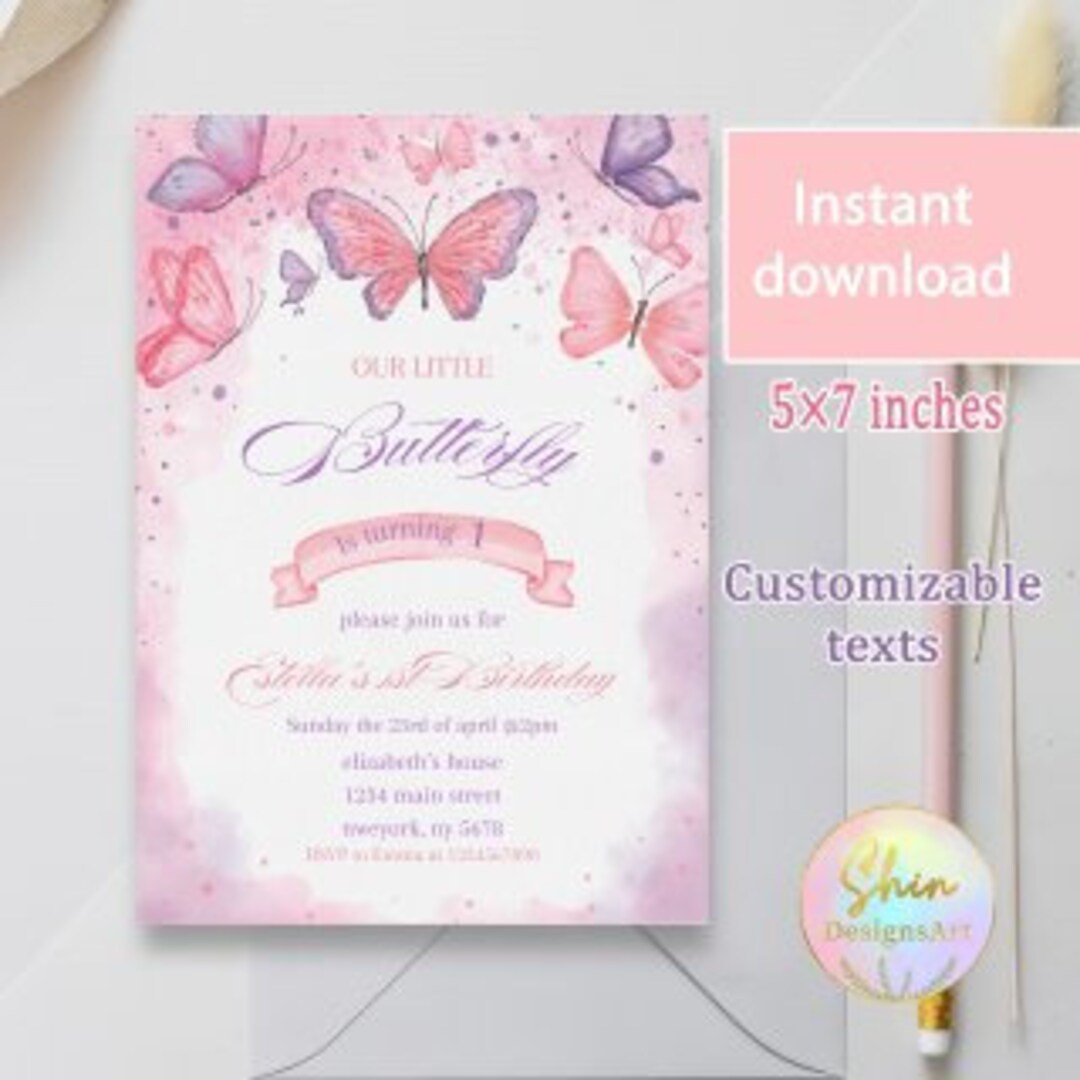Customizable Butterfly Birthday Invitation, Editable Texts Template ...