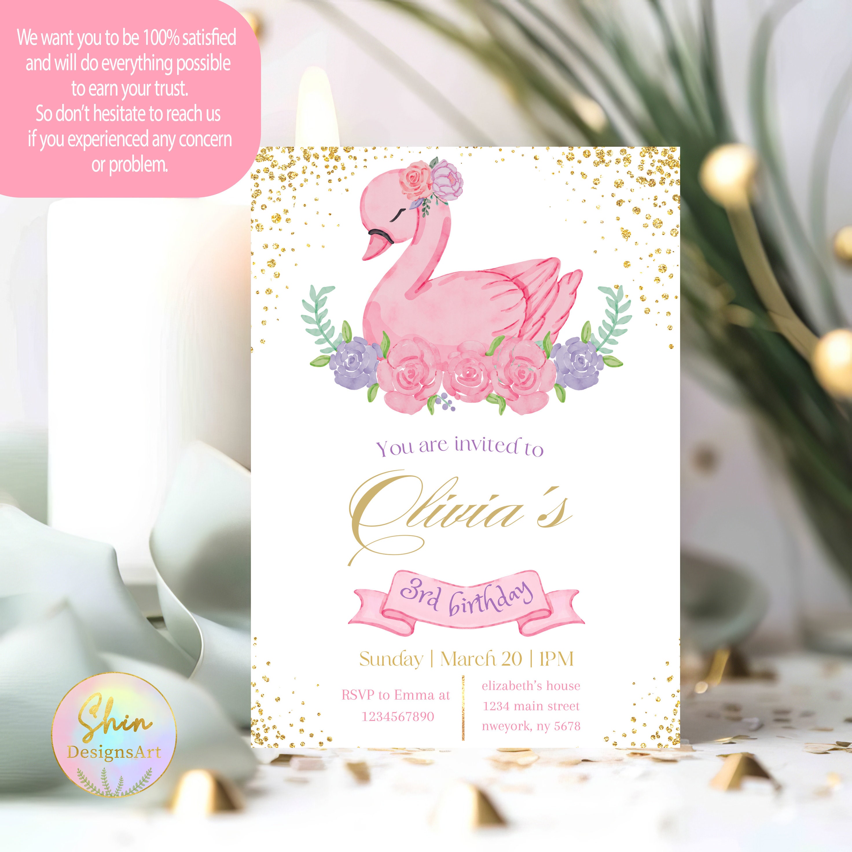 Editable Swan Invitation Card, Girl's Birthday Party Invite, Easy ...