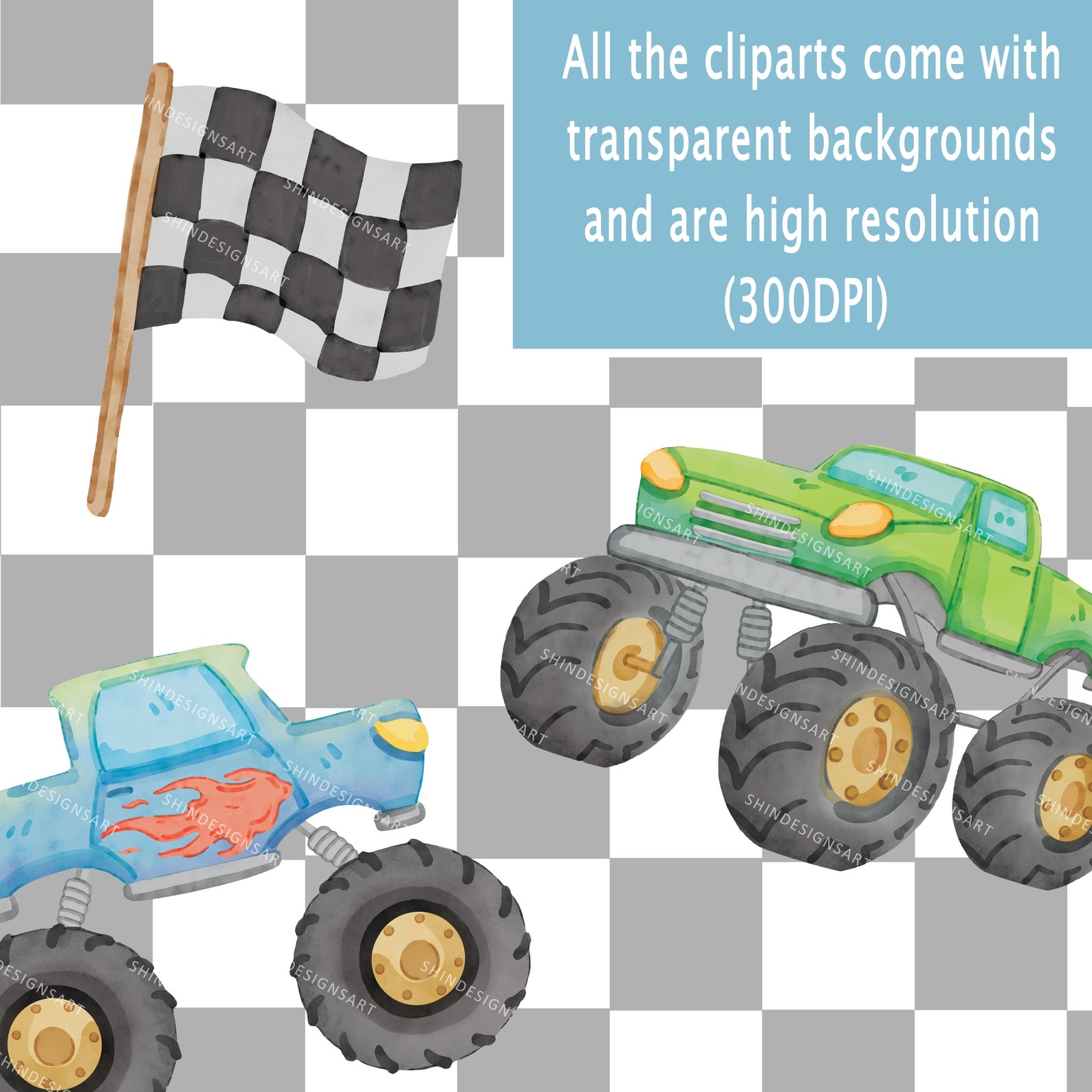 Monster Trucks Clipart Bundle, Big Wheels Designs, Watercolor Nursery ...
