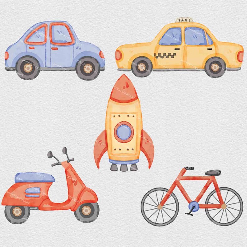 Watercolor Transportation Clipart: PNG Vehicle Graphics (digital ...