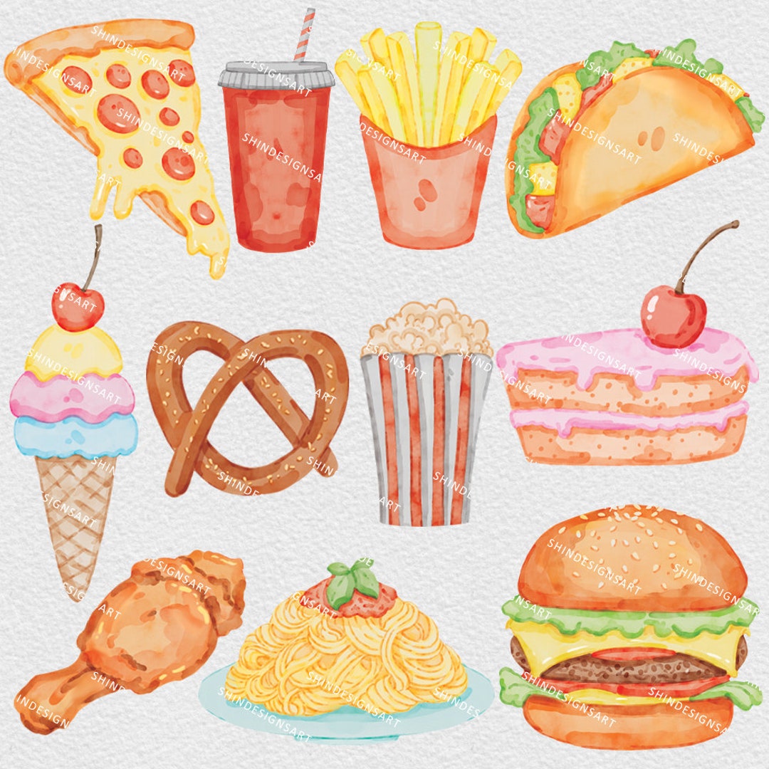 Watercolor Fast Food Clipart, High Resolution PNG Clipart Set, Street ...