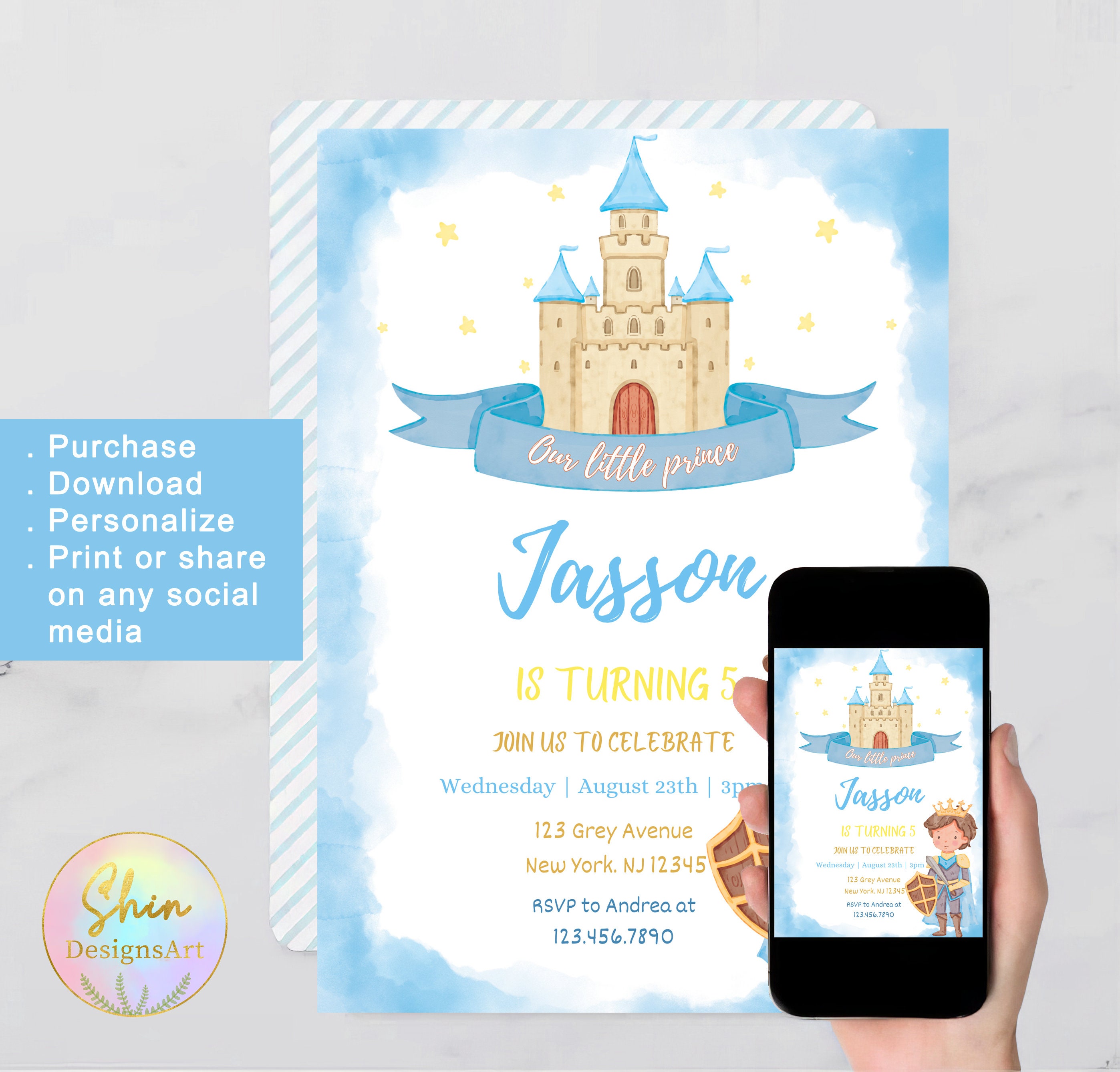 Editable Blue Knight Birthday Invite, Boy Royal Invitation, Once Upon a ...