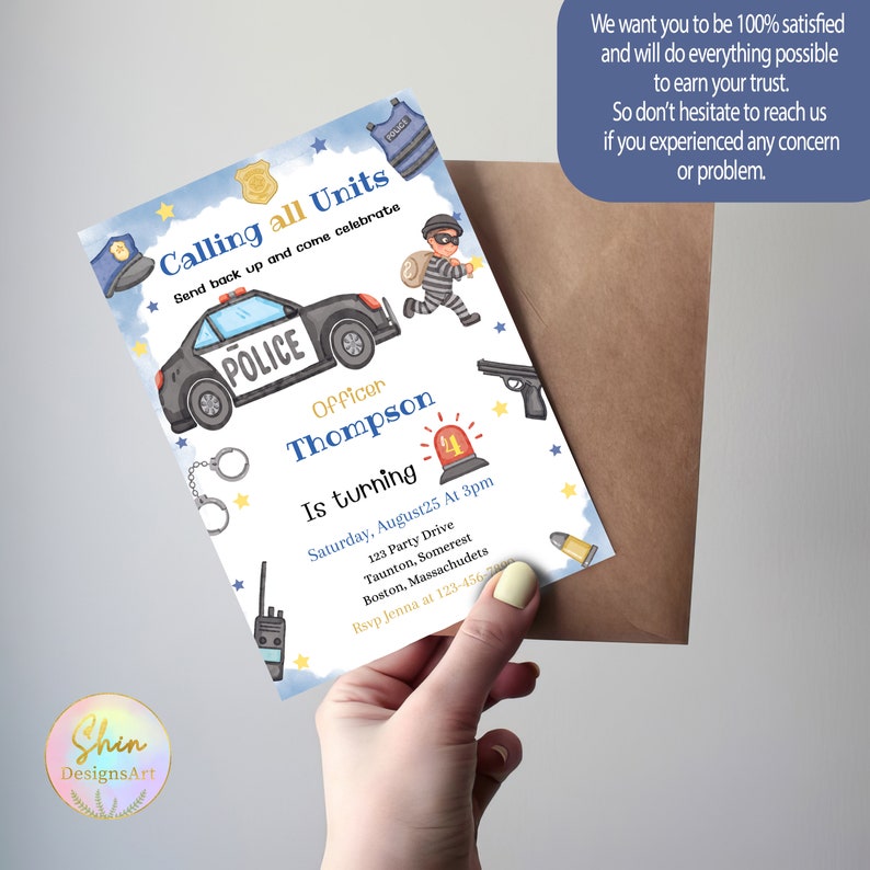 Watercolor Police Invitation Card, Police Officer Party Invite ...