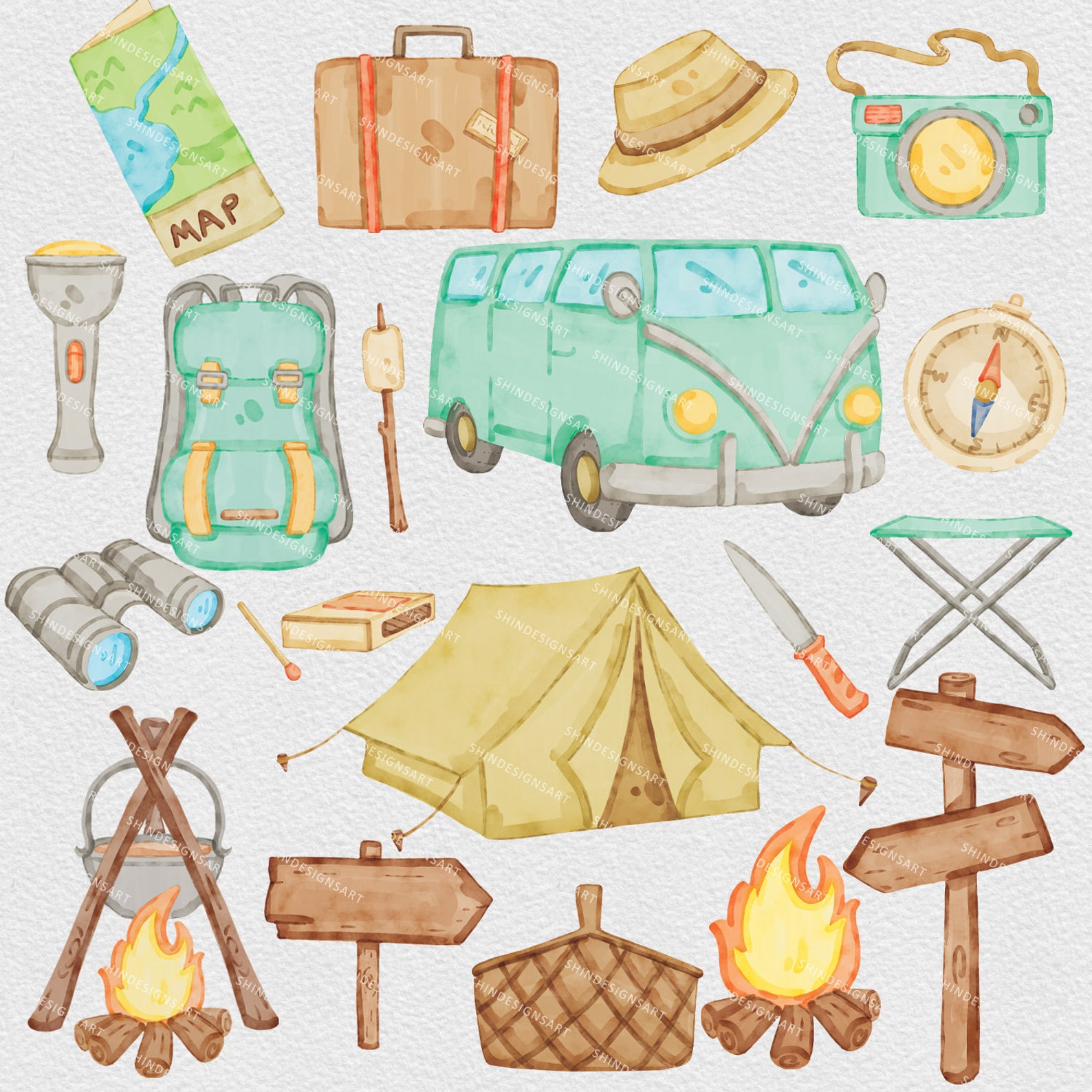 Watercolor Camping Clipart, Outdoor Clip Art Png, Family Vacation Trip ...