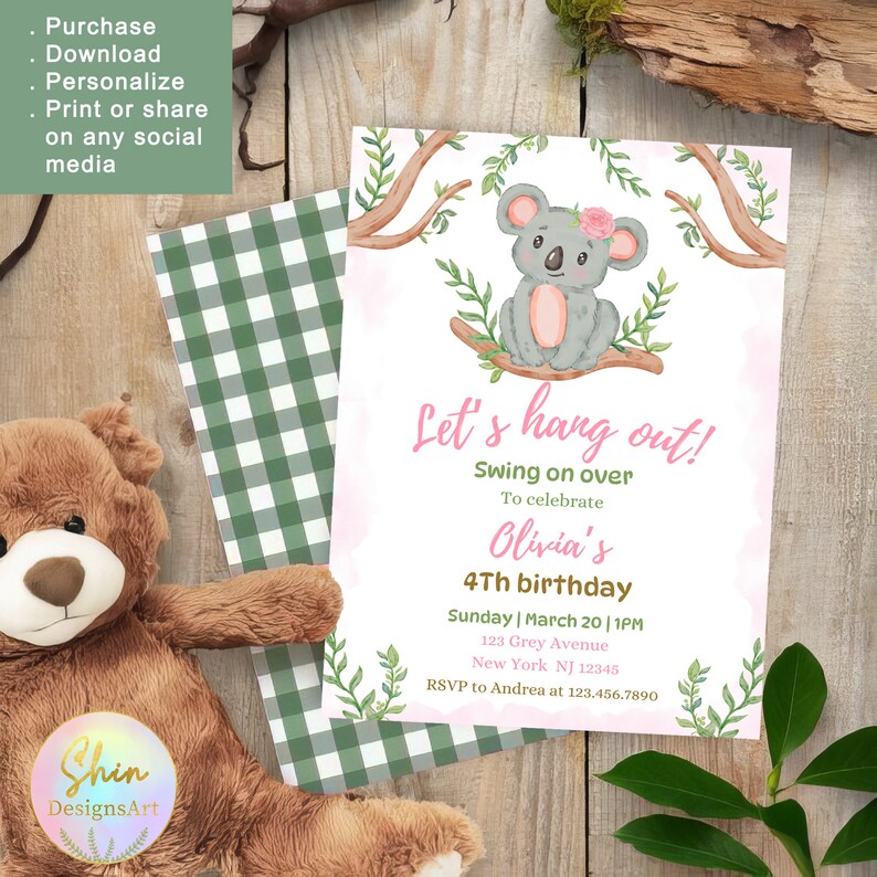 Customizable Koala Birthday Invitation, Girl/daughter Koalas Party ...