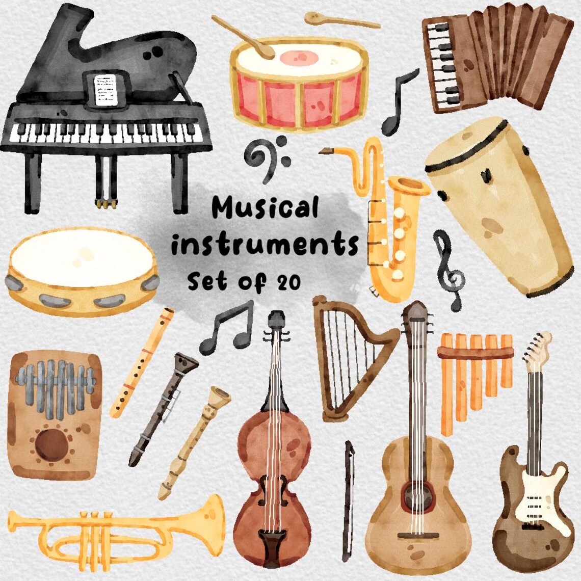 Watercolor Musical Instruments Clipart: Orchestra Art, PNG Download - Etsy