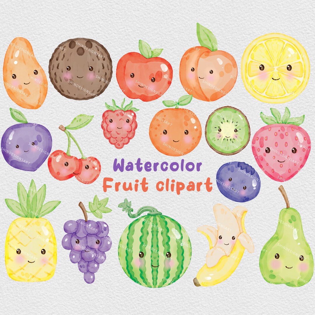 Watercolor Cute Fruit Clipart Bundle, Kawaii Fruits PNG Images, Kid's ...