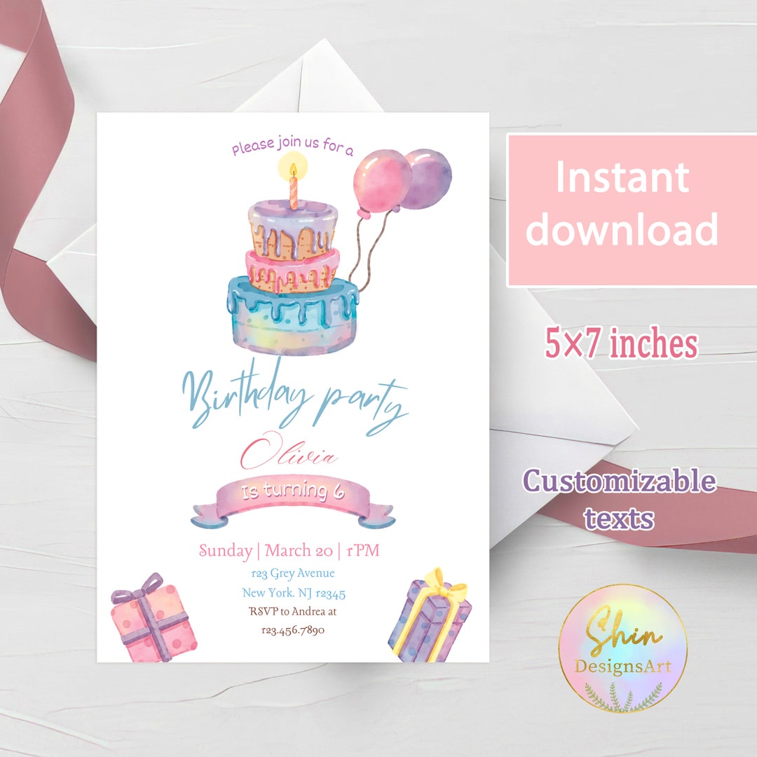 Birthday Cake Invitation Template, Birthday Invite, Downloadable Party ...