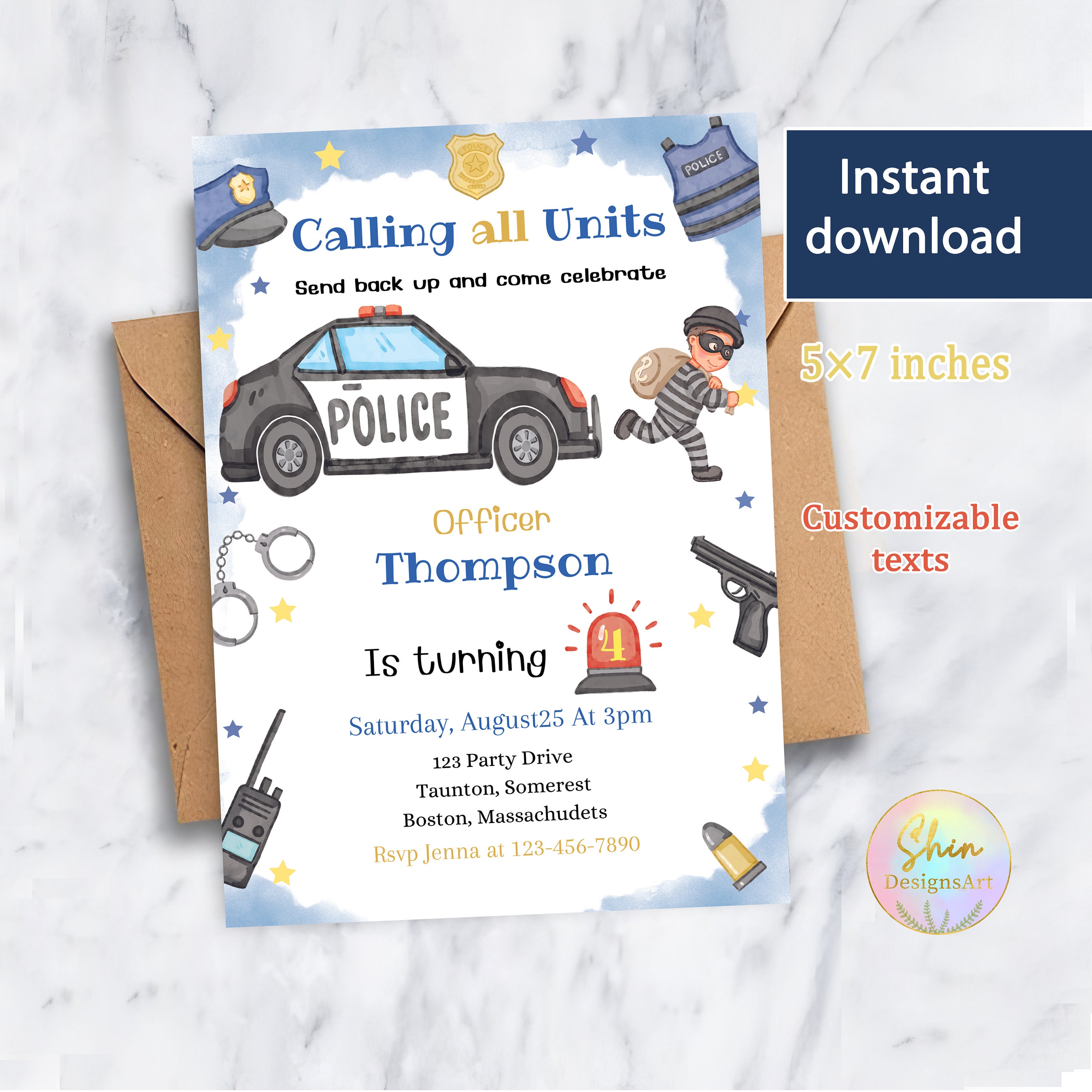 Watercolor Police Invitation Card, Police Officer Party Invite ...