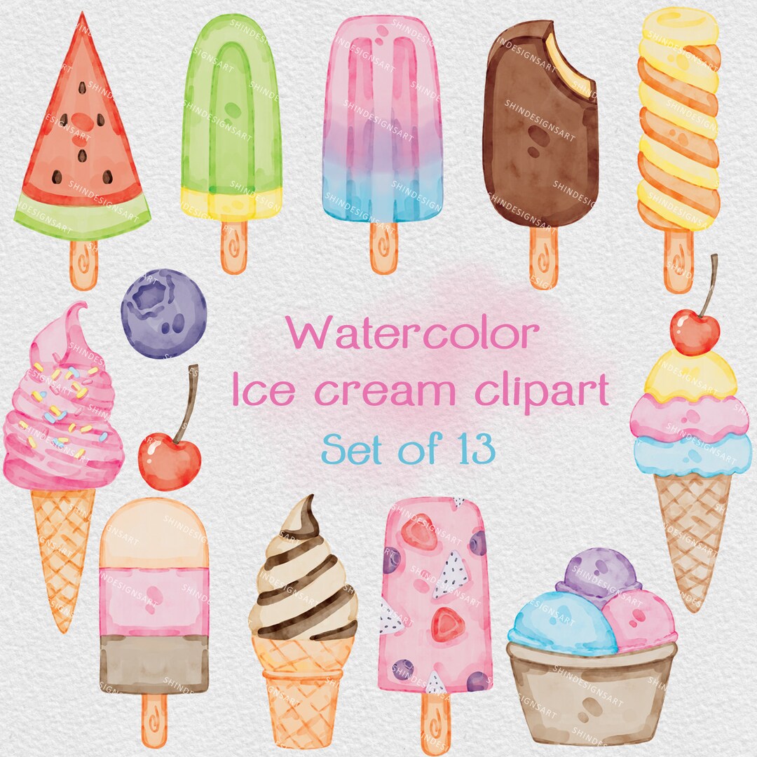 Watercolor Ice Cream Clipart Bundle, Printable Ice Creams Cone Clip Art ...