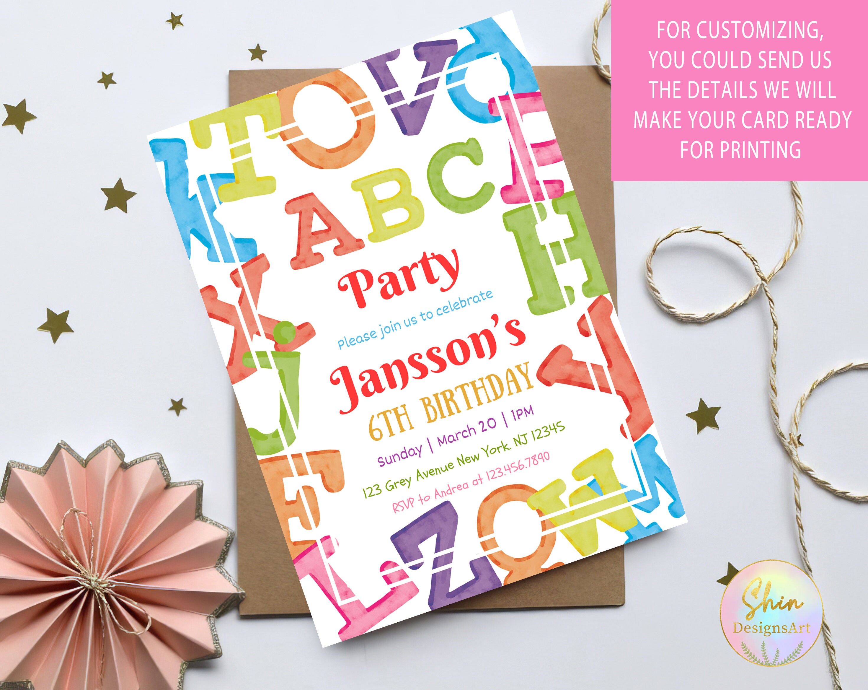 Editable Alphabet Birthday Invite, Digital Invitation Template, ABC ...