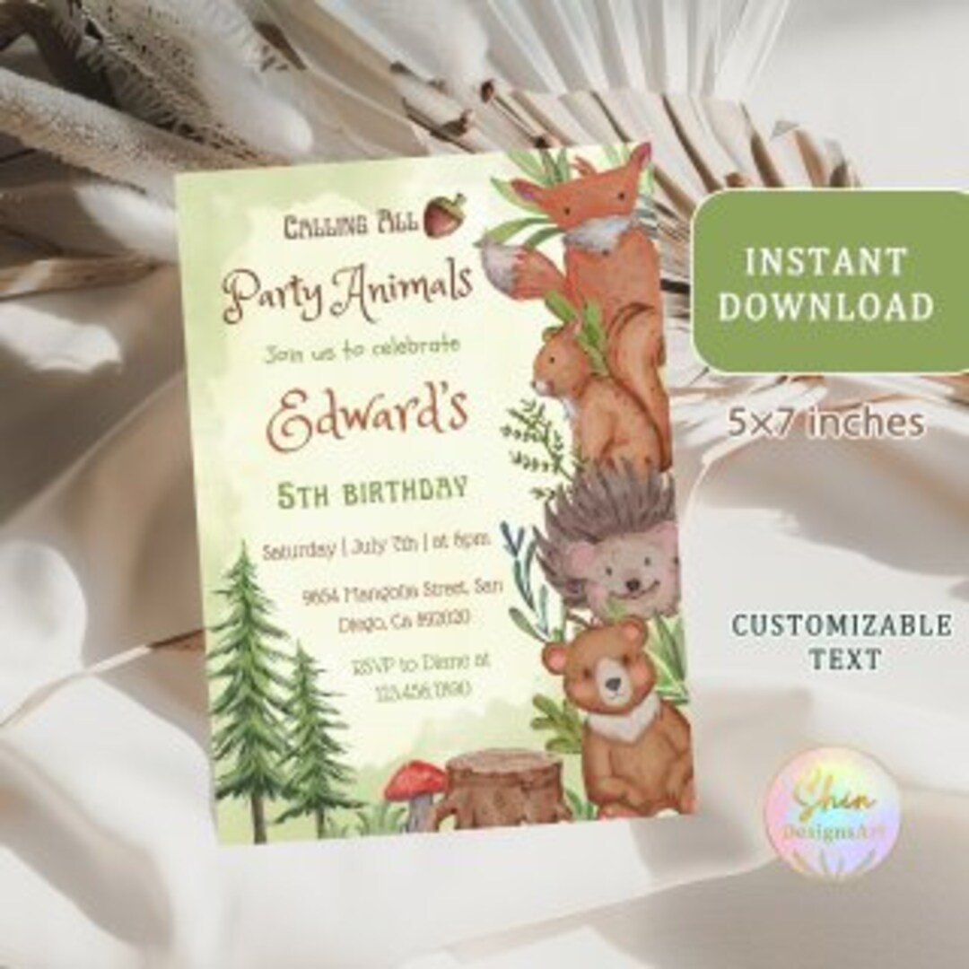 Woodland Animals Birthday Invitation Card, Digital 5th Party, Gender ...