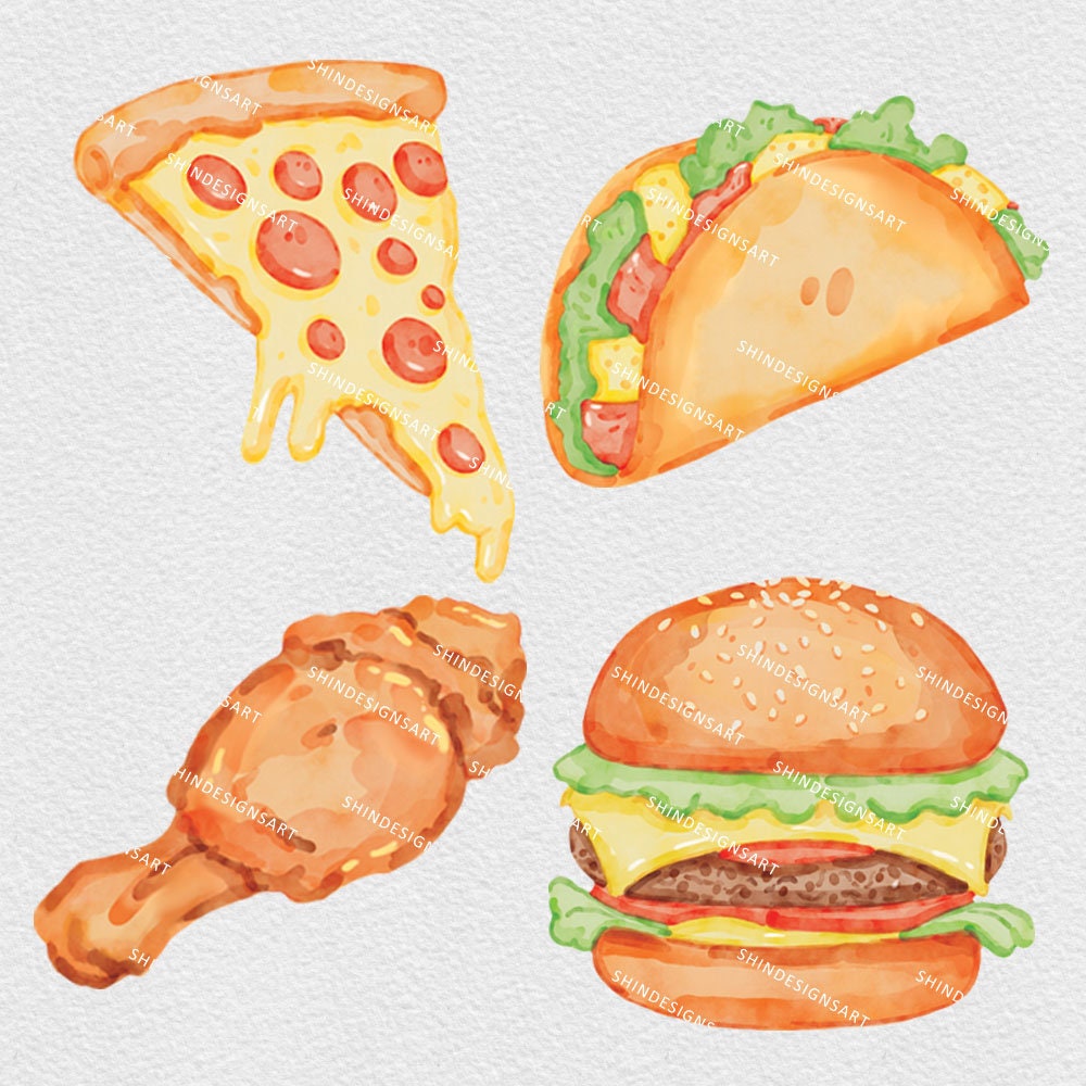Watercolor Fast Food Clipart, High Resolution PNG Clipart Set, Street ...