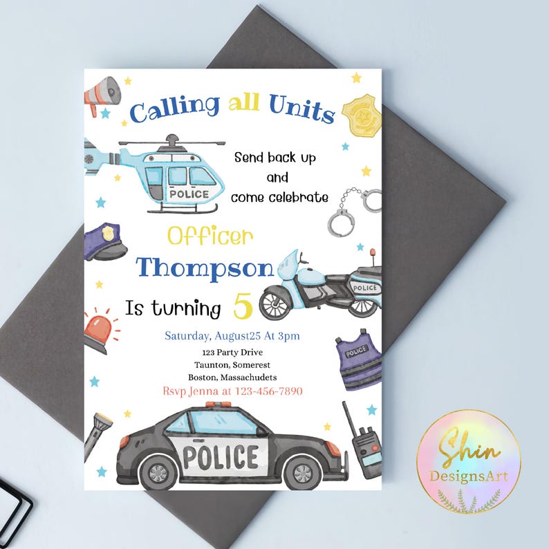 Editable Police Birthday Invitation Card, Canva Police Officer Template ...