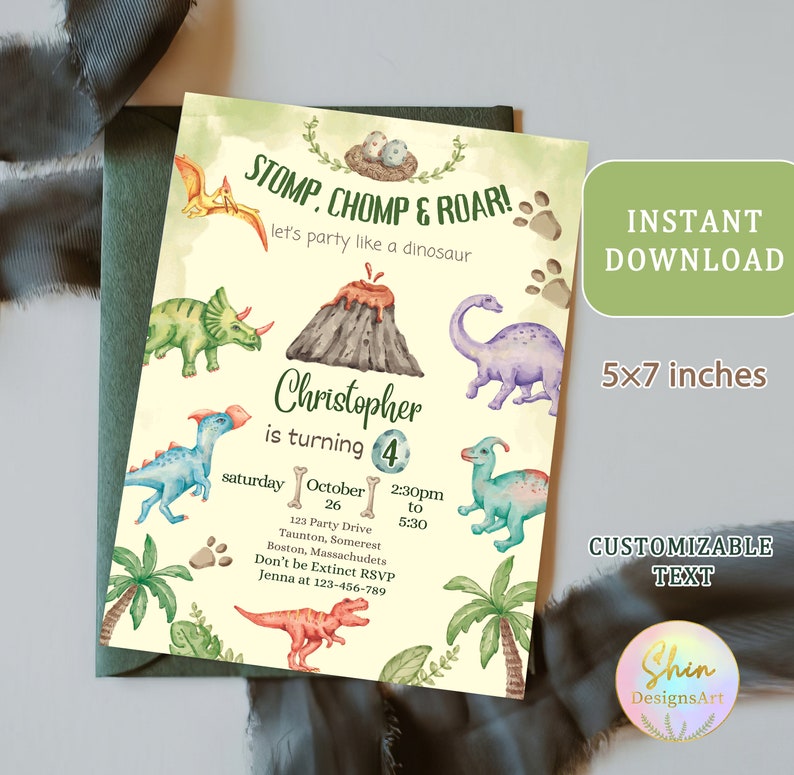 Editable Dinosaur Birthday Invitation: T-rex, Stomp, Roar (digital ...