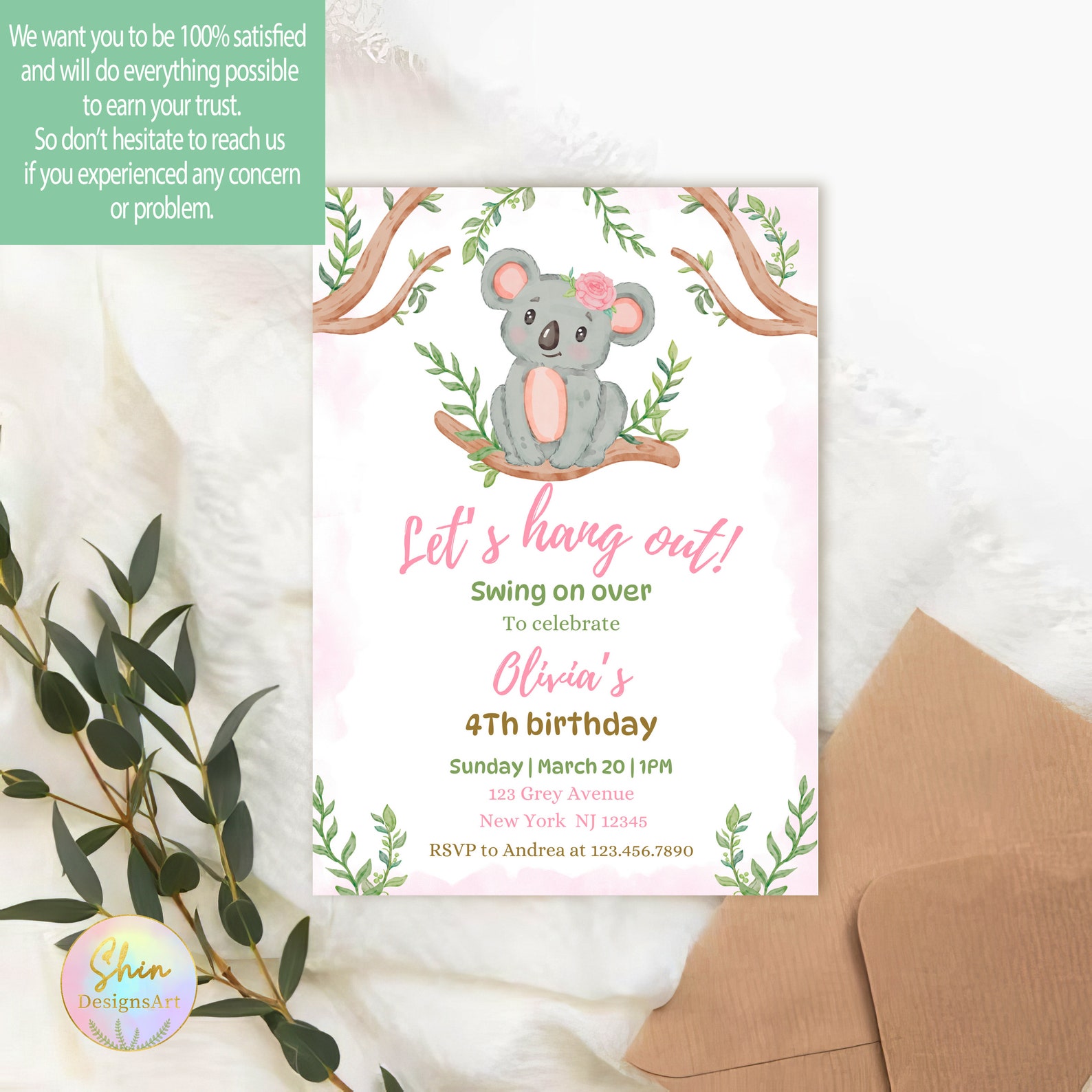 Customizable Koala Birthday Invitation, Girl/daughter Koalas Party ...