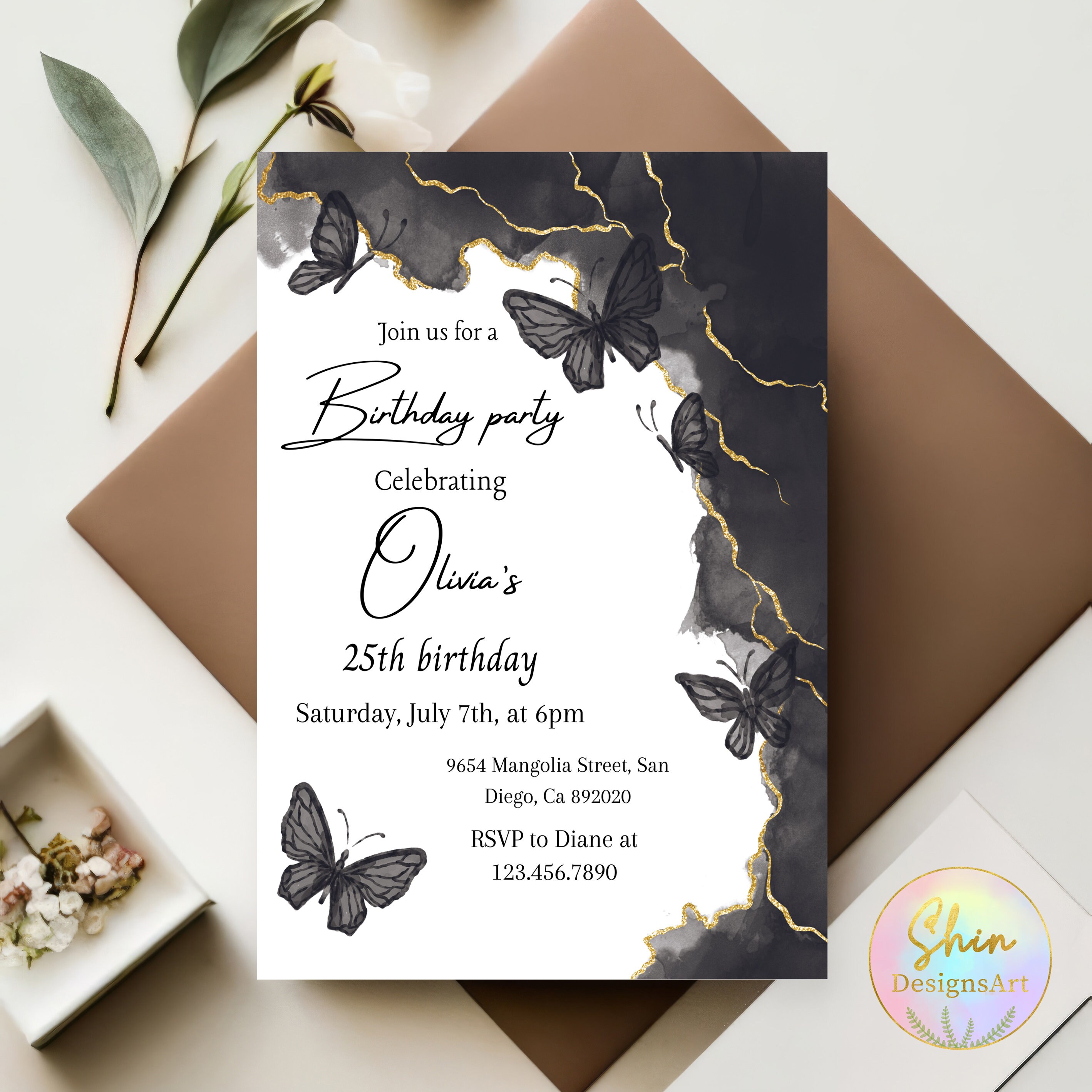 Watercolor Butterfly Birthday Card, 25th Luxury Flat Invitation, Black Gold Butterflies Design ...