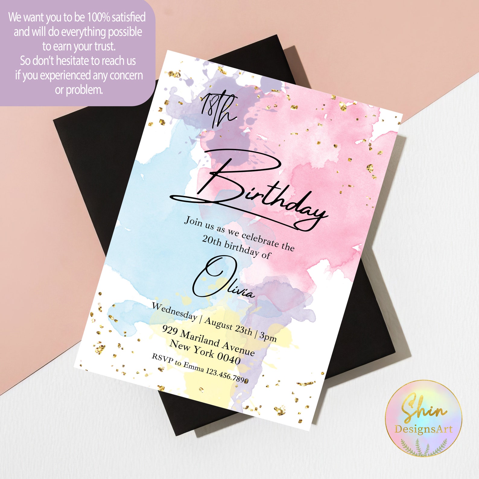 Watercolor Rainbow Birthday Invitation: Gold Glitter, Customizable ...