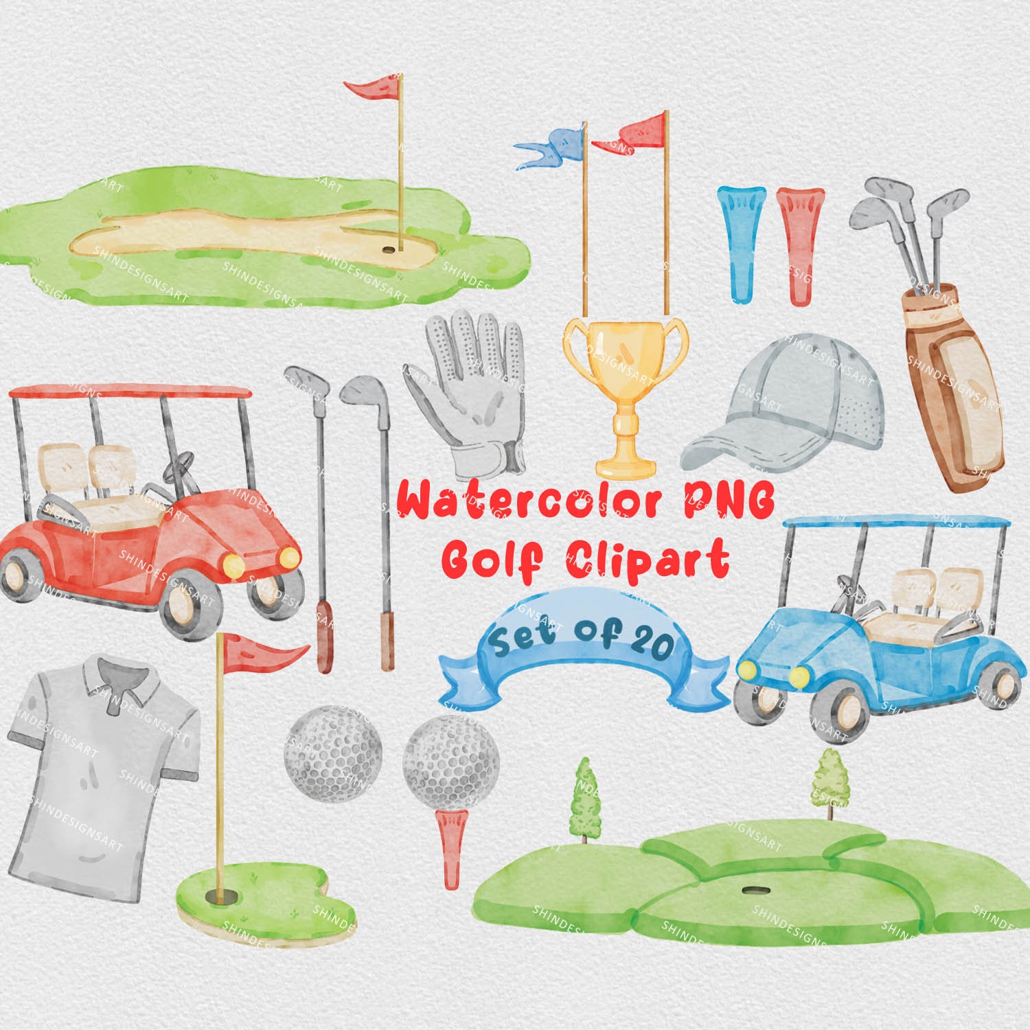 Watercolor Golf Clipart, Golf Cart Stick Ball, Sports Clipart Design ...