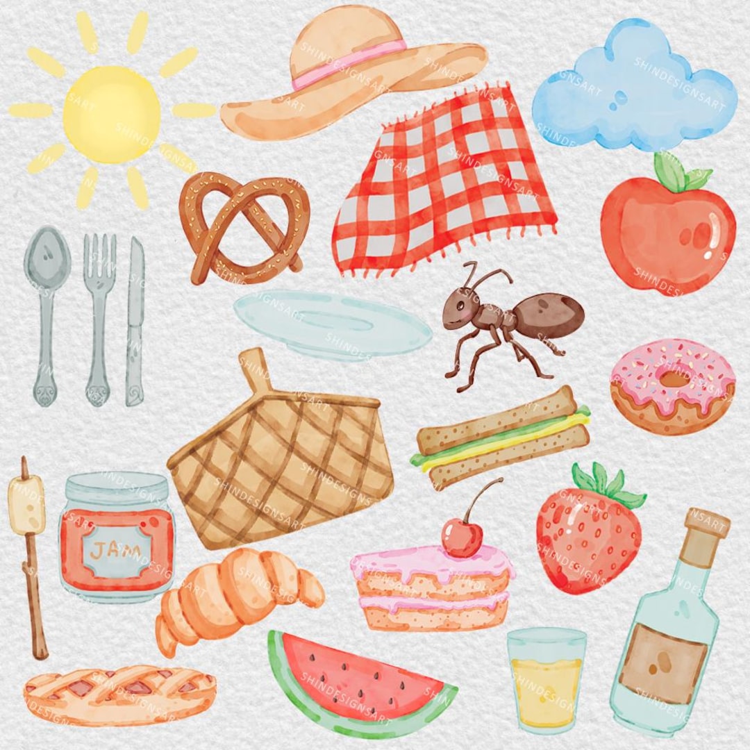 Printable Picnic Clip Art Bundle,watercolor Summer Picnic Element PNG ...