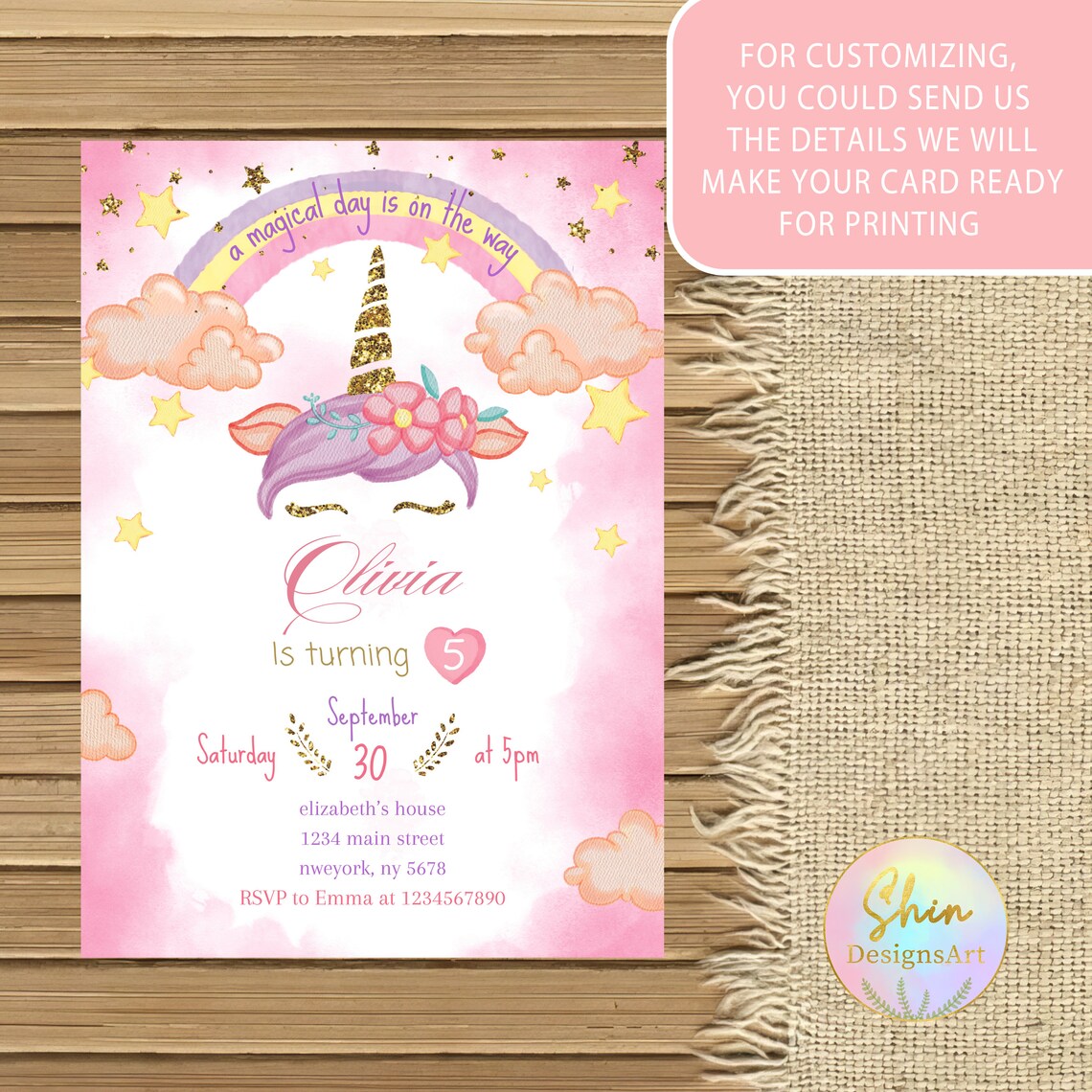 Editable Unicorn Rainbow Invitation Card, Colorful Birthday Party ...