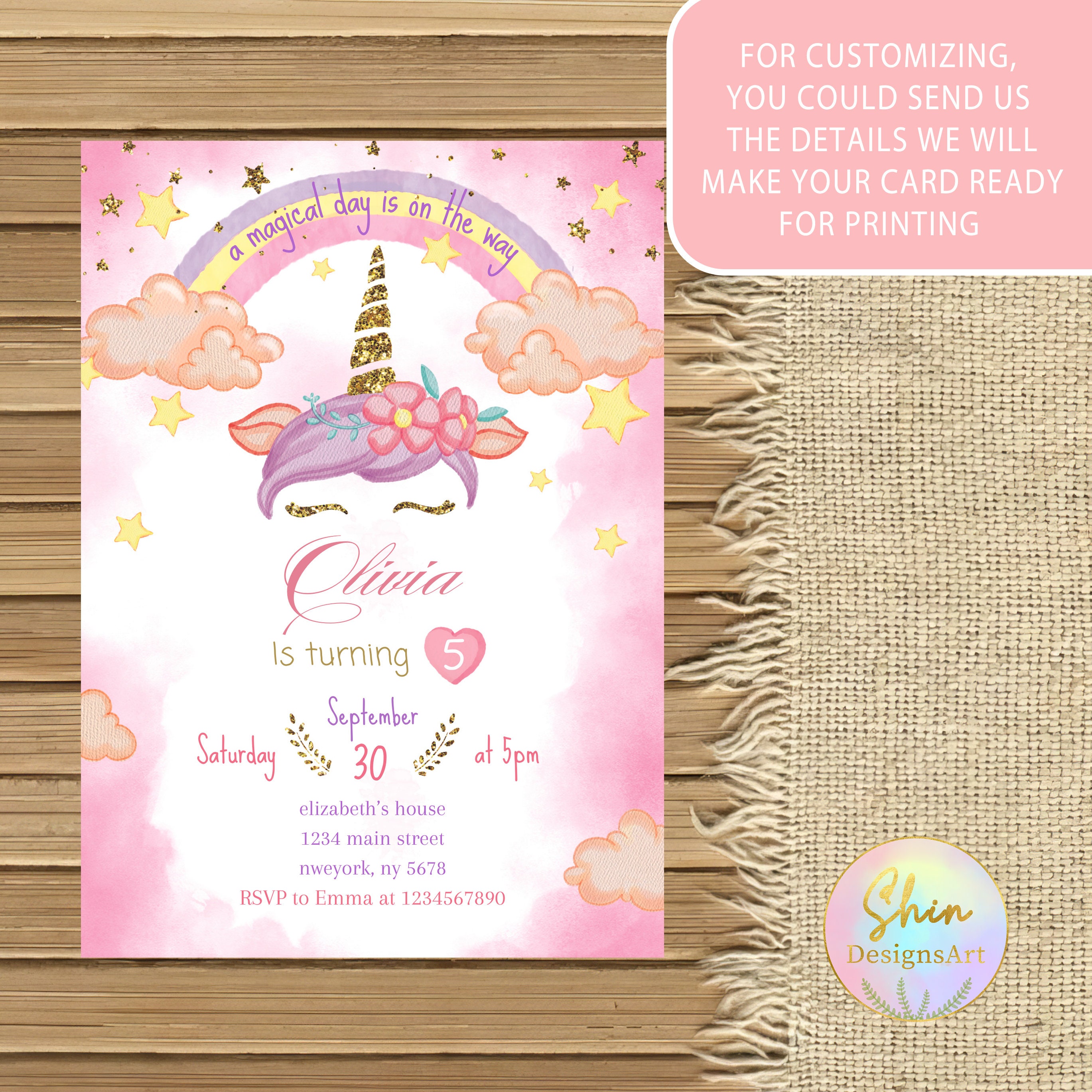 Editable Unicorn Rainbow Invitation Card, Colorful Birthday Party ...