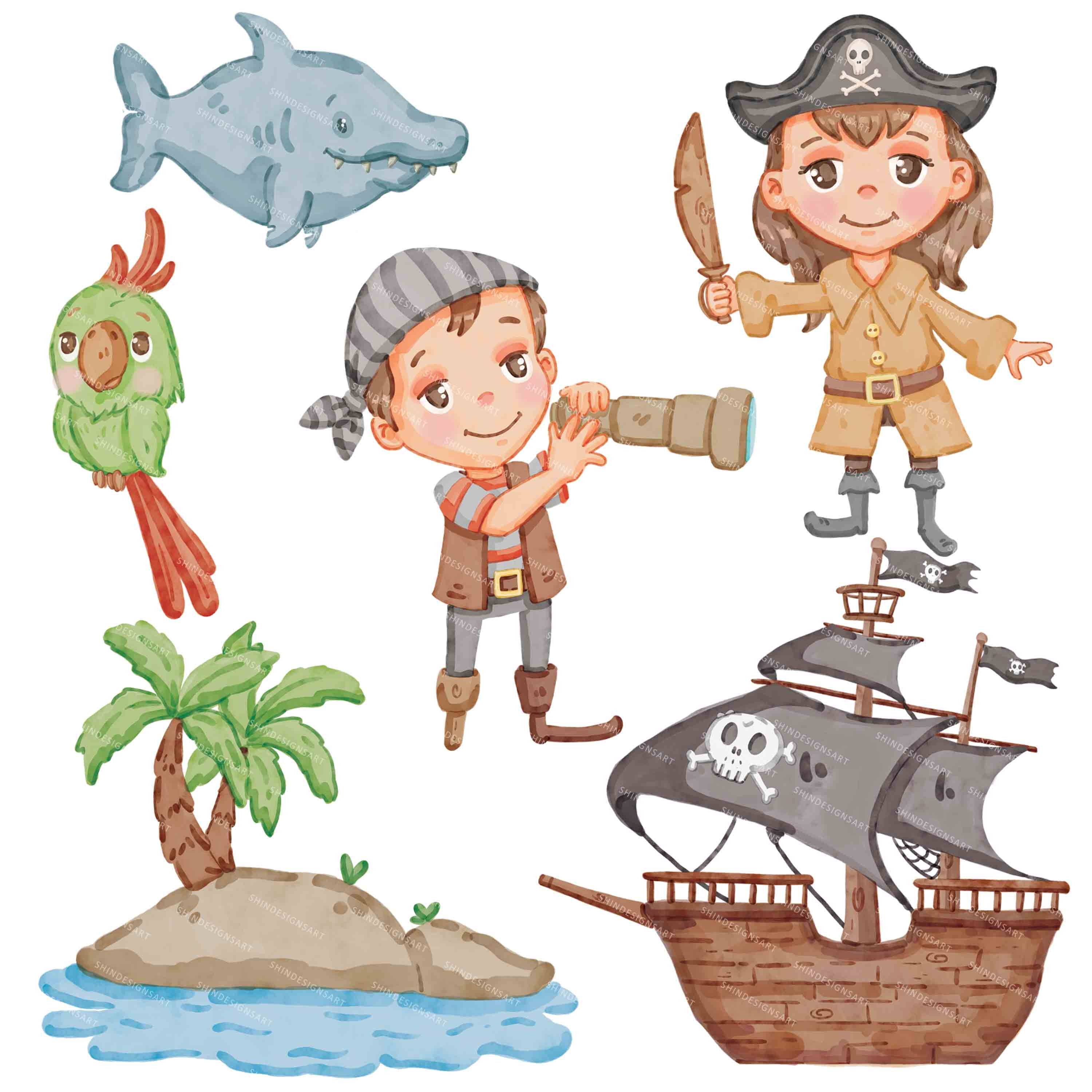 Watercolor Pirate Clipart Bundle: Hand-drawn Caribbean Sea Map (PNG) - Etsy