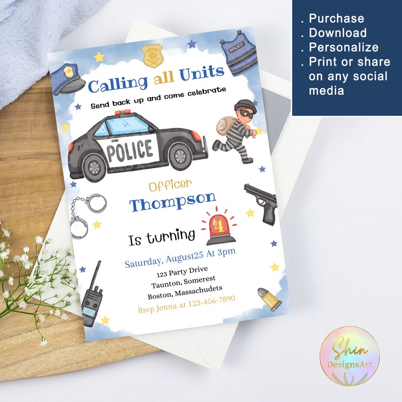 Watercolor Police Invitation Card, Police Officer Party Invite ...