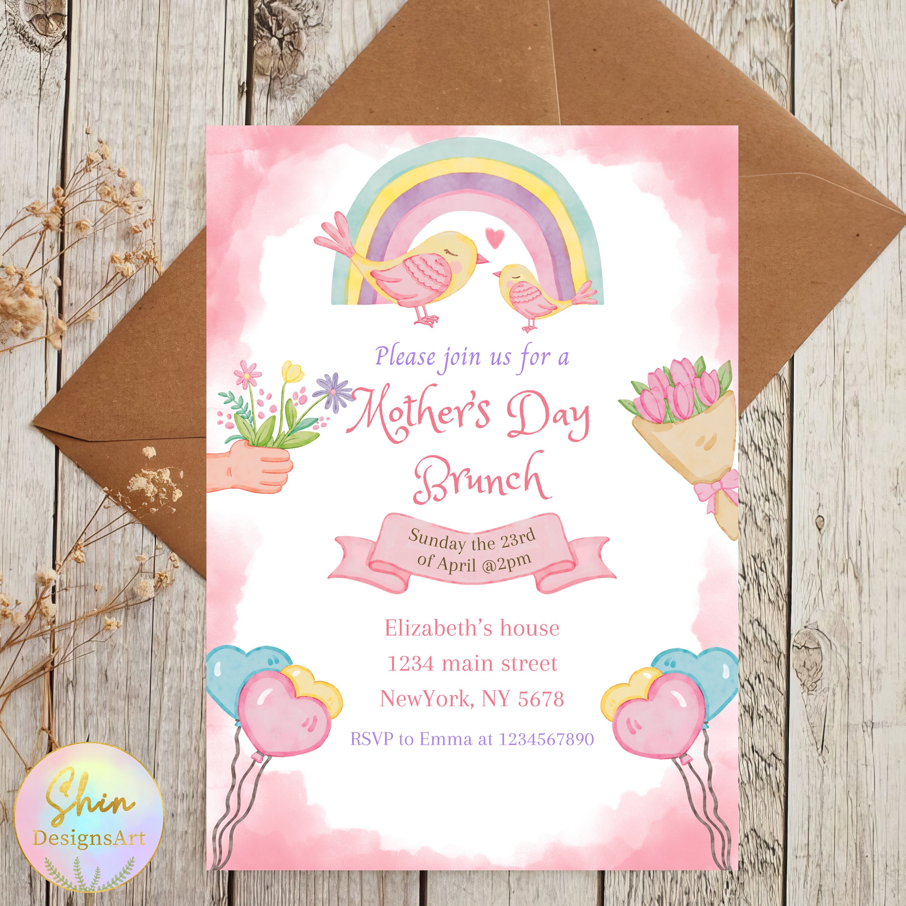 Editable Mother's Day Brunch Invitation, Moms and Mimosas, Rainbow ...