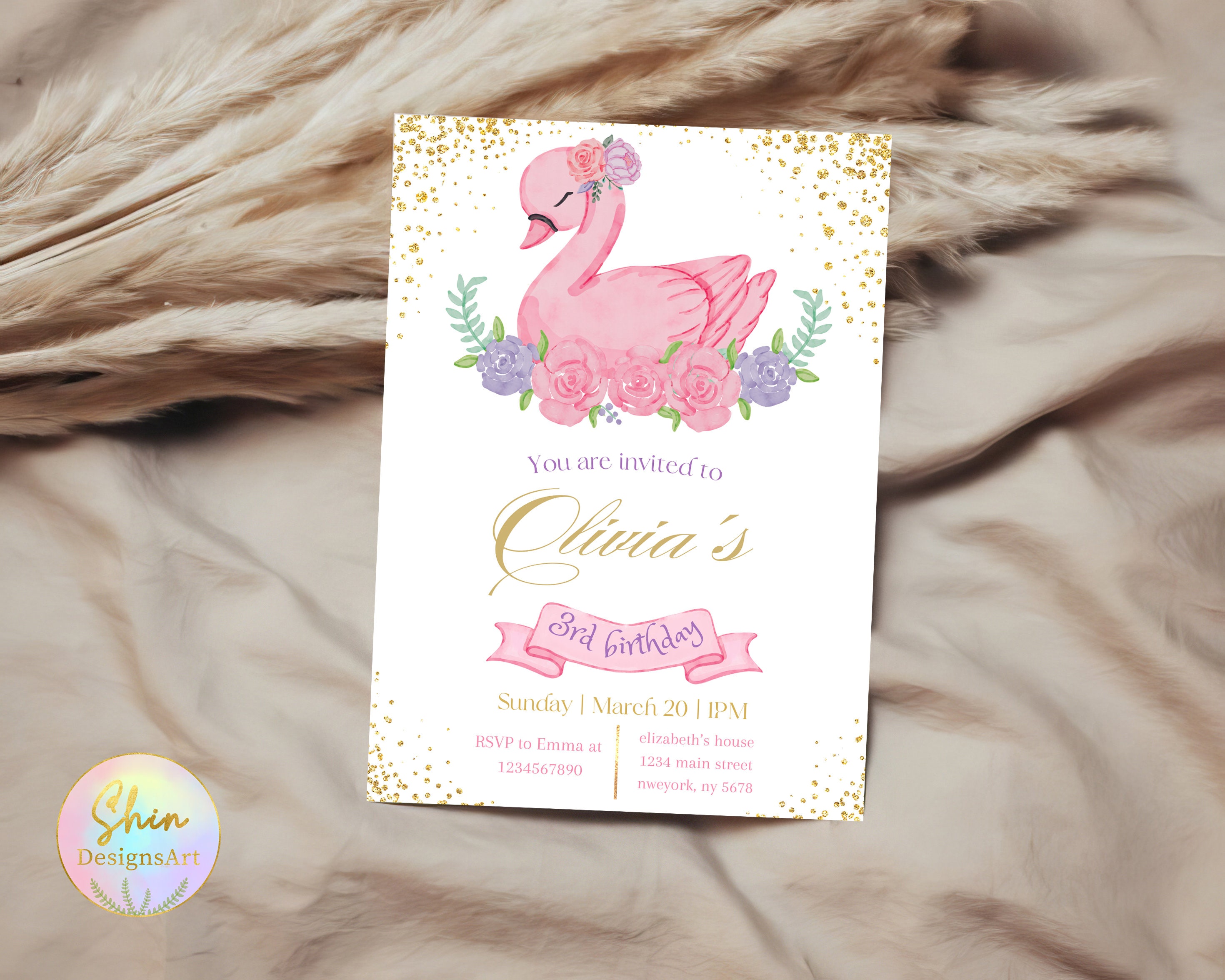 Editable Swan Invitation Card, Girl's Birthday Party Invite, Easy ...