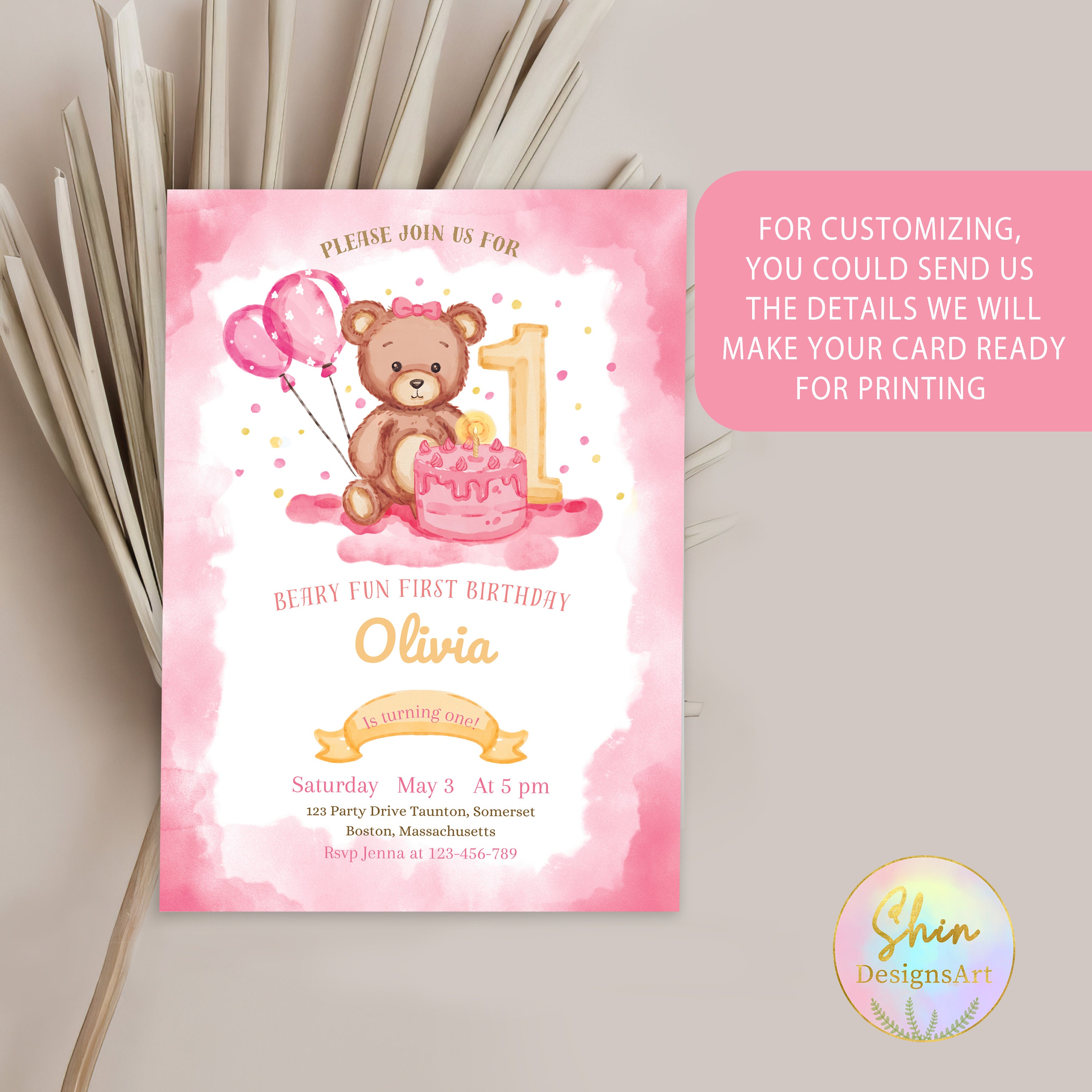 Pink Bear Birthday Party Invitation, First 1st Baby Girl Birthday ...