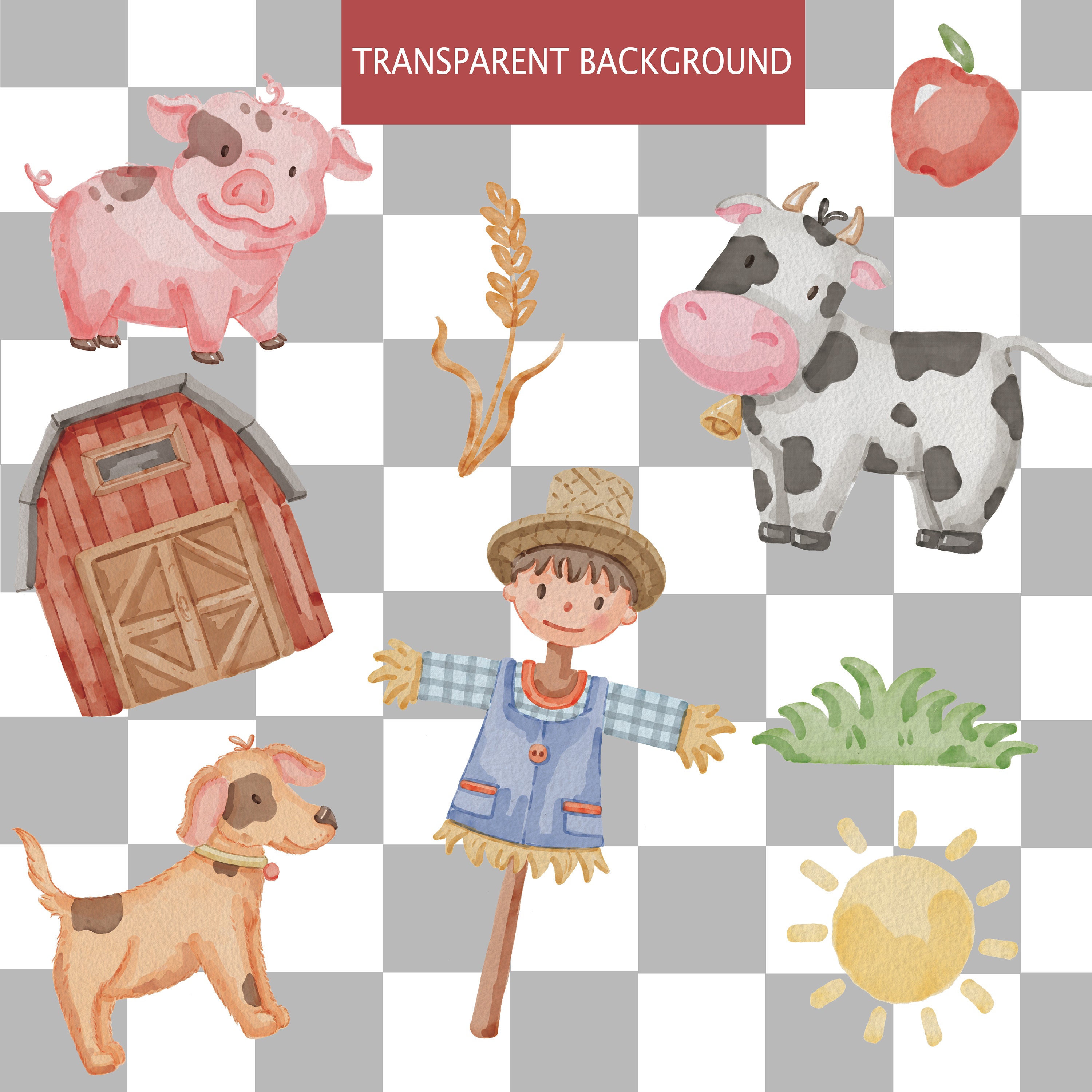 Watercolor Farm Animals Clipart, Barnyard Animal PNG Bundle, Cute ...