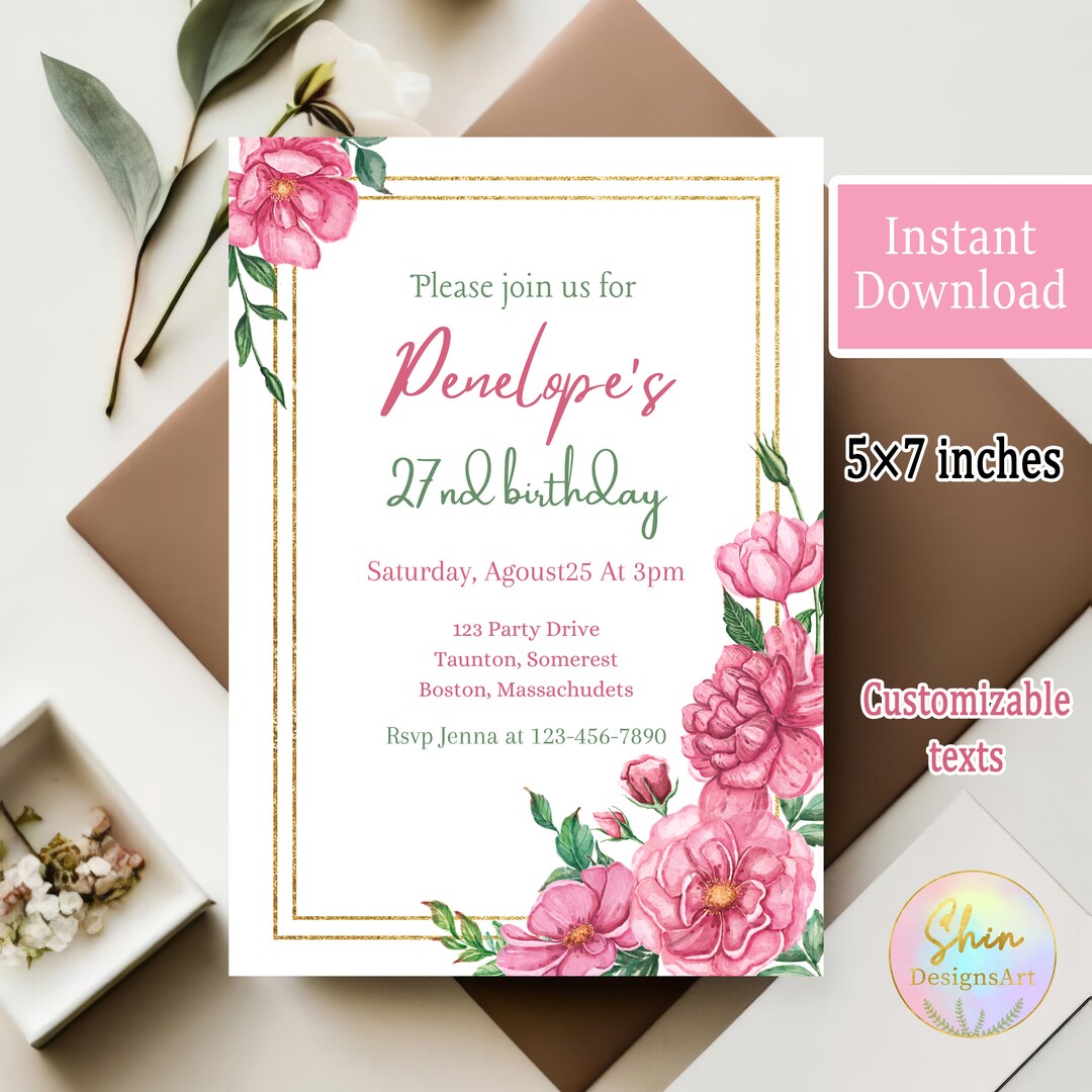 Watercolour Flowers Birthday Invitation Card, Girl's Pink Roses Flower ...
