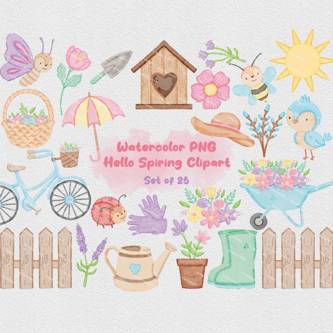 Hello Spring Watercolor Clipart, Floral Spring Art, Watercolor Animals ...