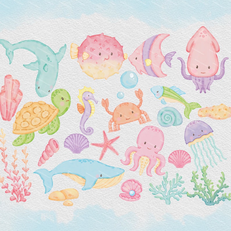 Undersea Watercolor Clipart, Png Nursery Decor, Kid's Wall Art, Octopus ...